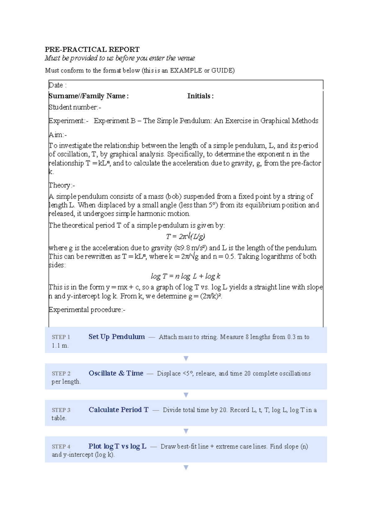 Pre-Practical Report: Experiment B - Simple Pendulum Analysis - Studocu