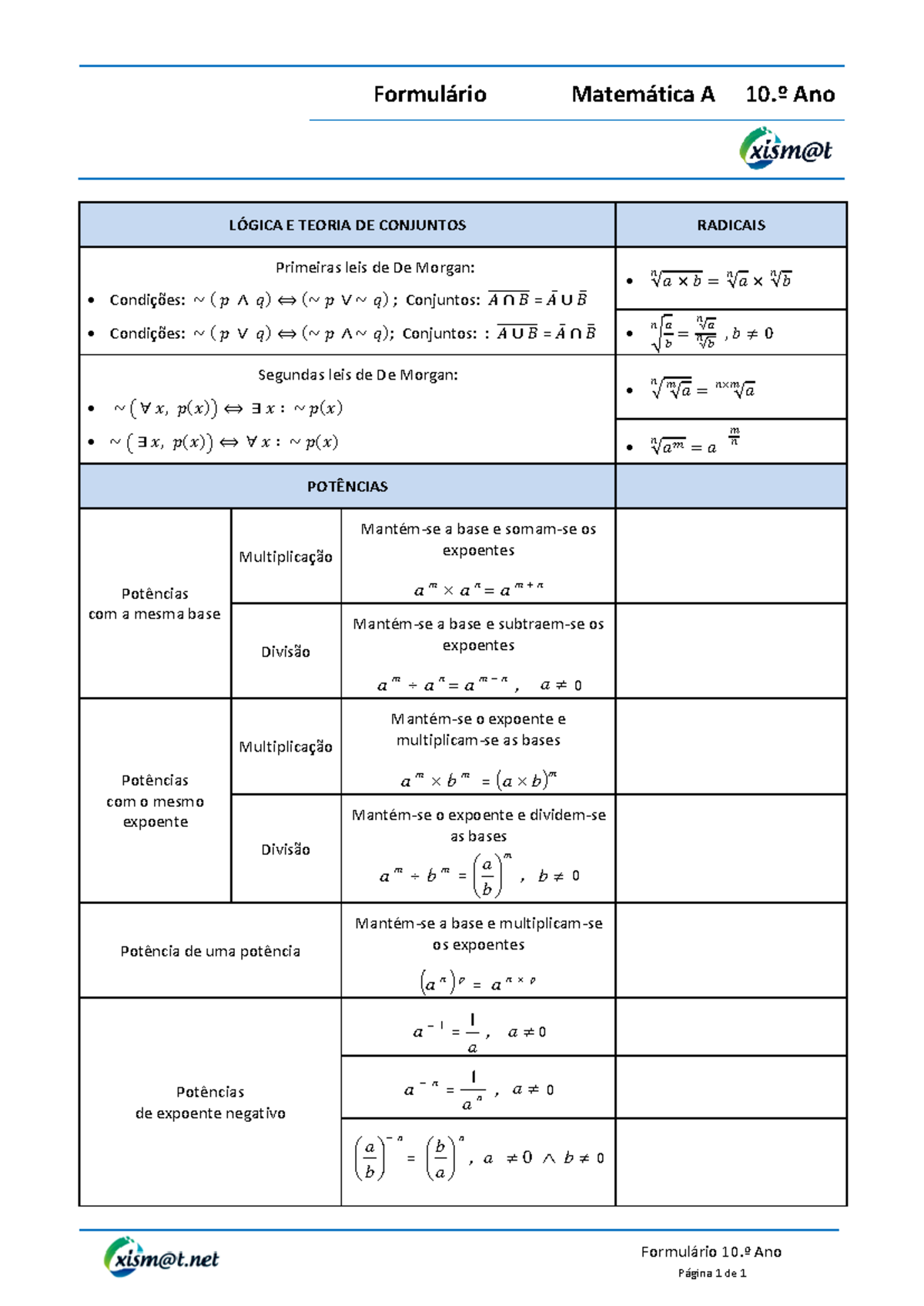 Formulario 10 Ano - Formulário 10 .º Ano Página 1 de 1 Formulário ...