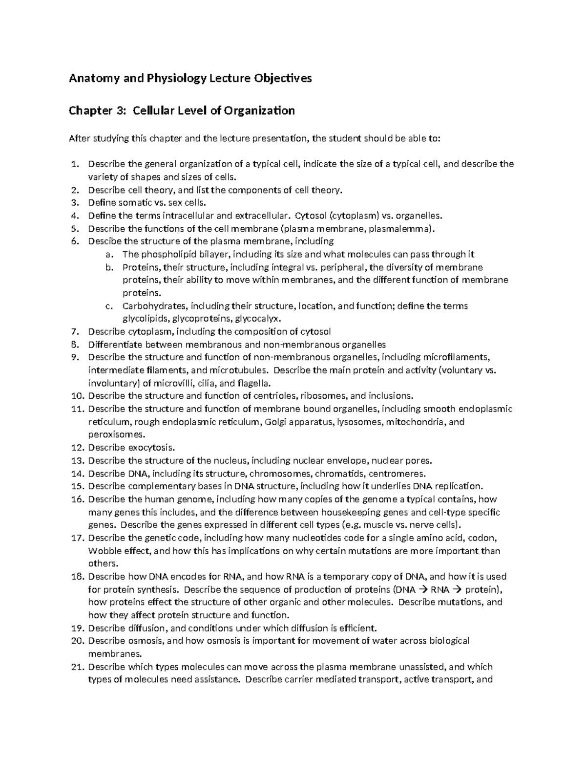 Anatomy & Physiology Lecture Objectives: Chapter 3 - Cellular ...