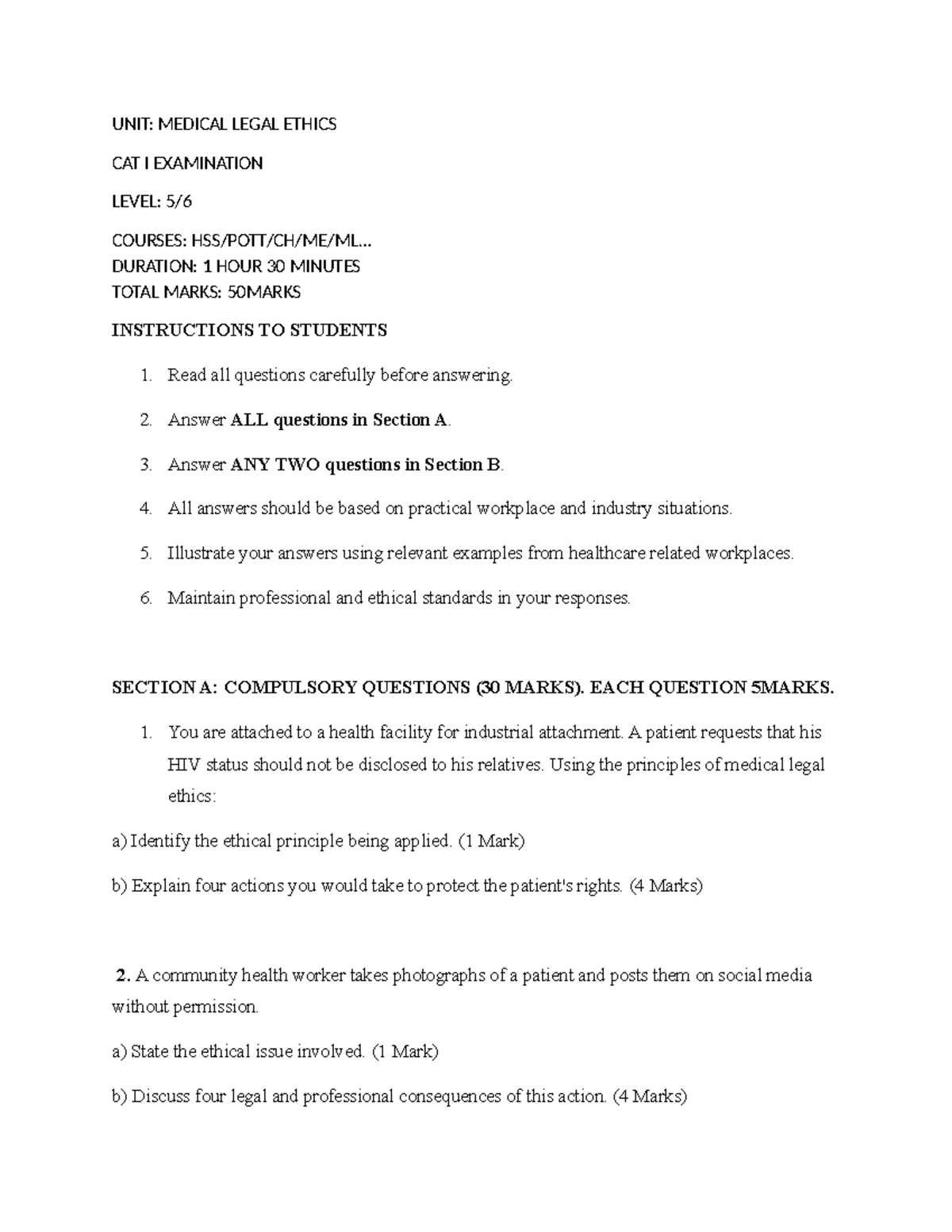 Medical Legal Ethics C.A.T 1 Exam: Guidelines & Questions - Studocu