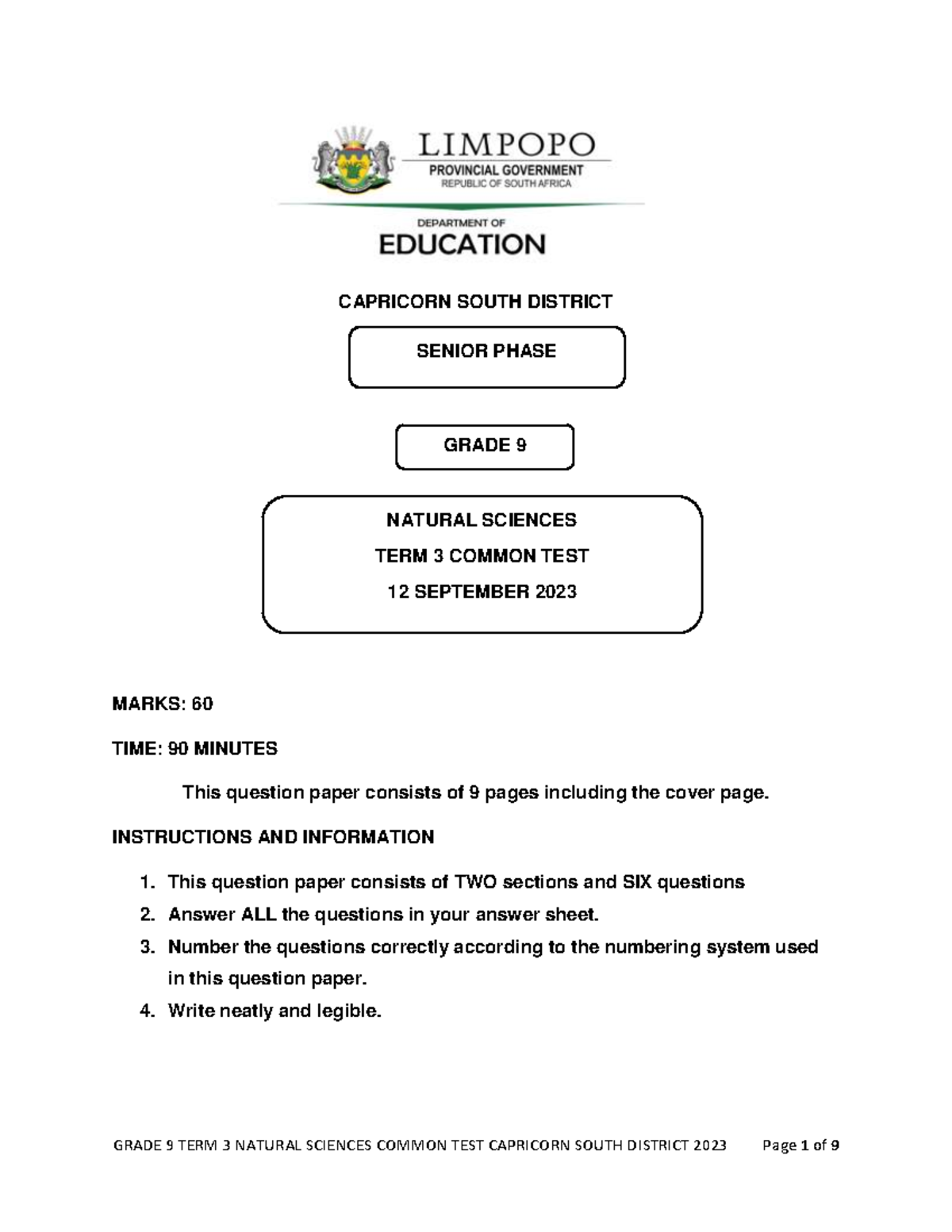 Grade 9 Natural Sciences Term 3 Common Test - 12 Sep 2023 - Studocu