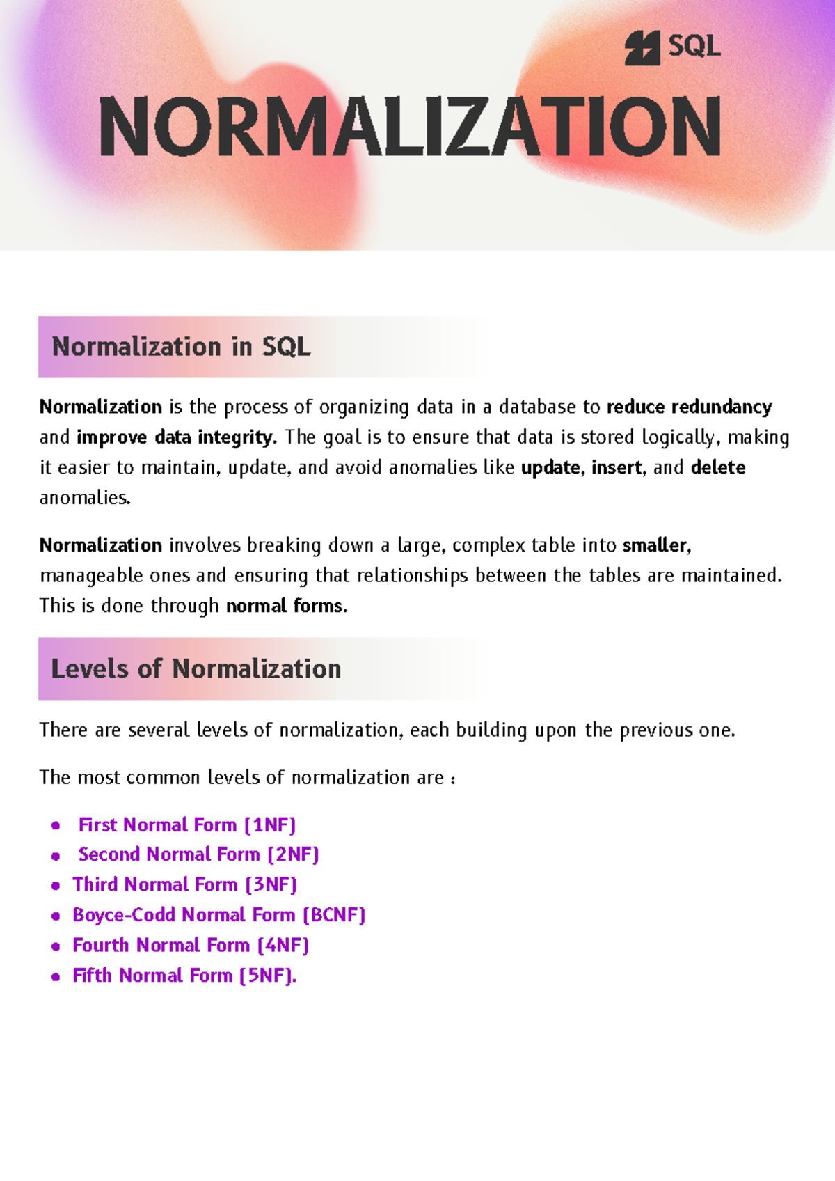 Normalization - THIS TOPIC PART OF DBMS - NORMALIZATION SQL ####### Normalization is the process ...