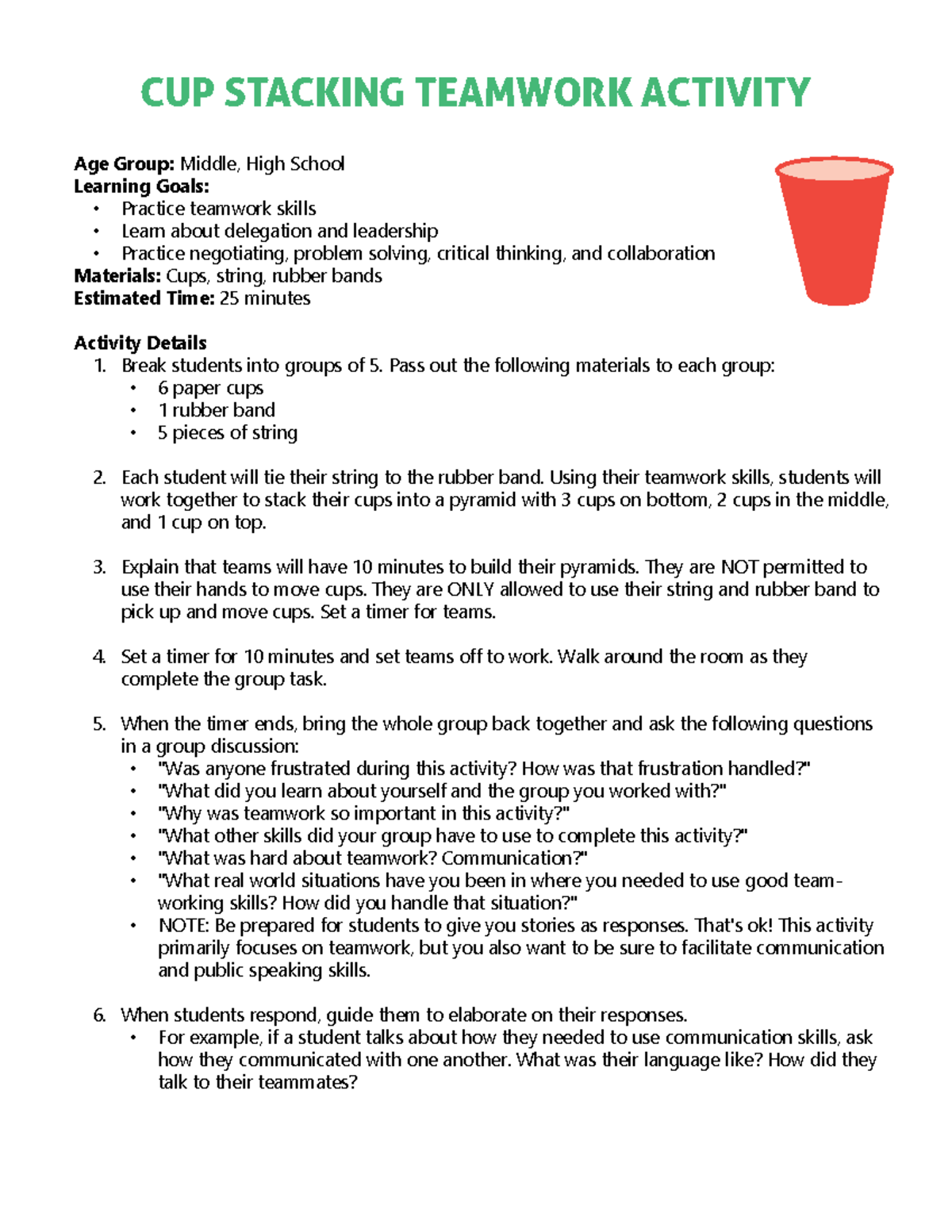 CUP STACKING TEAMWORK ACTIVITY: Engaging Middle & High School Students - Studocu