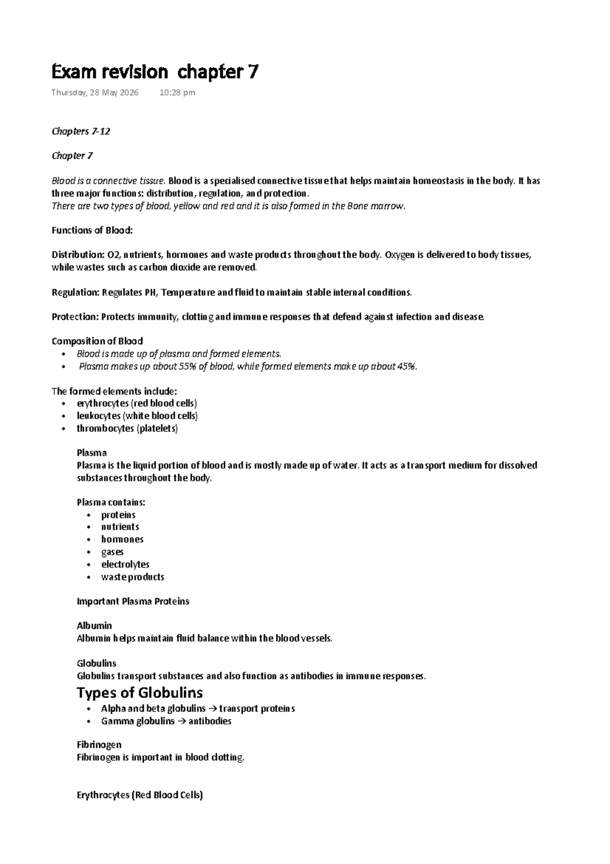 Exam Revision: Chapter 7 - Blood Functions and Haemostasis - Studocu