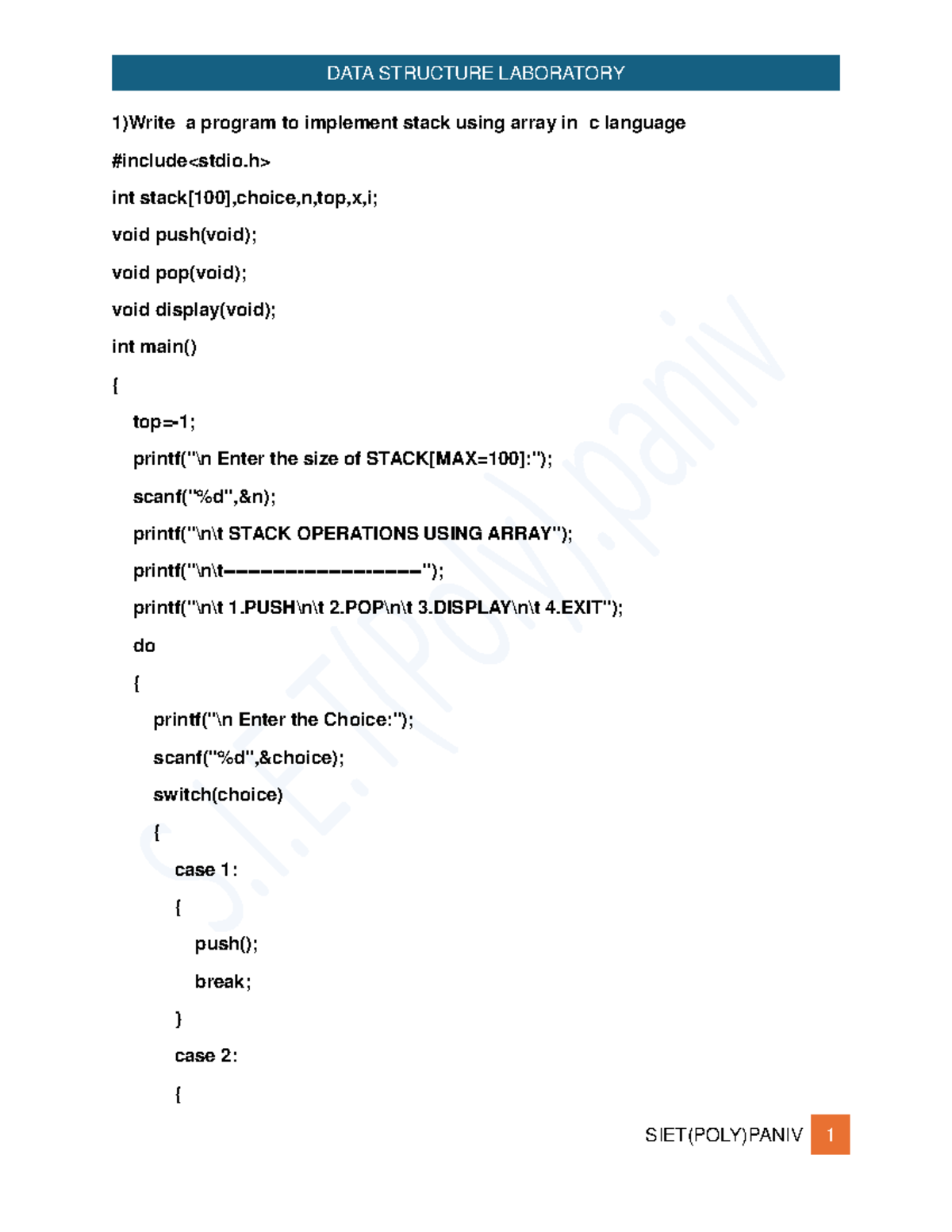 DS LAB 1-15: Final Exam on Stack & Queue Implementations in C - Studocu