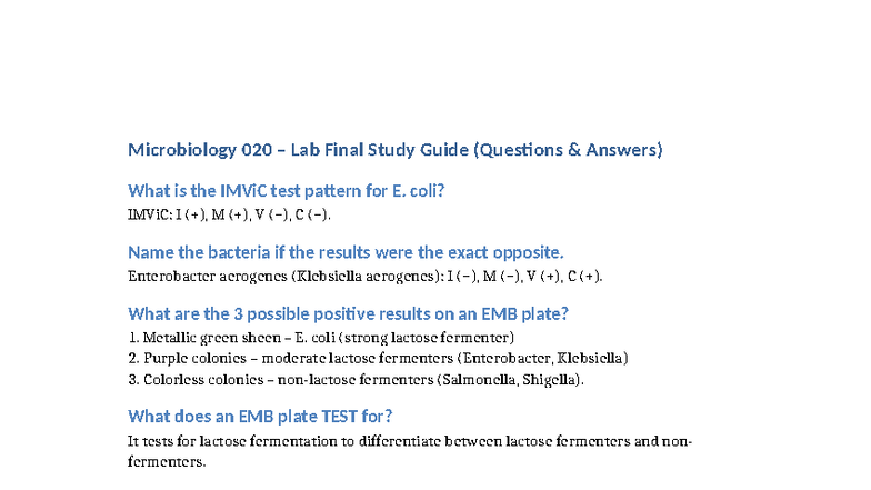 Microbiology 020 Lab Final Exam Study Guide: IMViC & EMB Tests - Studocu