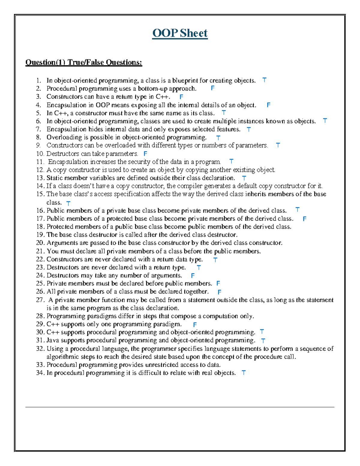 OOP Sheet - Questions and Answers for CS101 Final Exam - Studocu