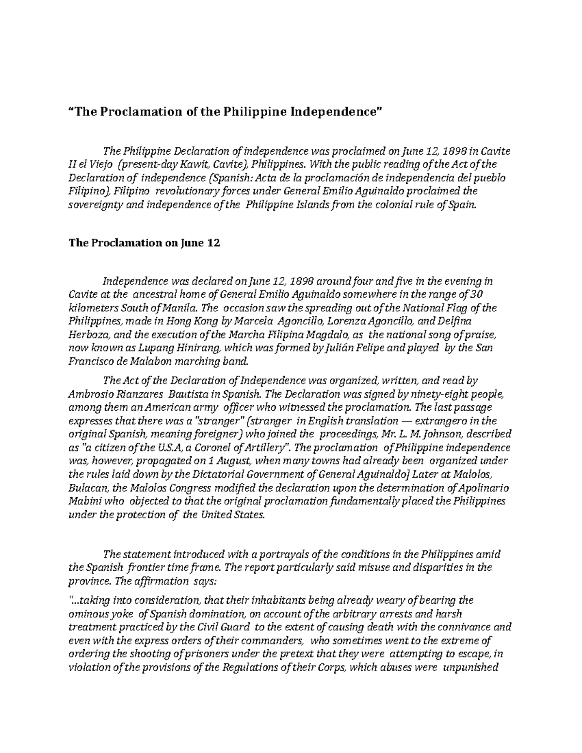 “The Proclamation of the Philippine Independence” - Reading in ...