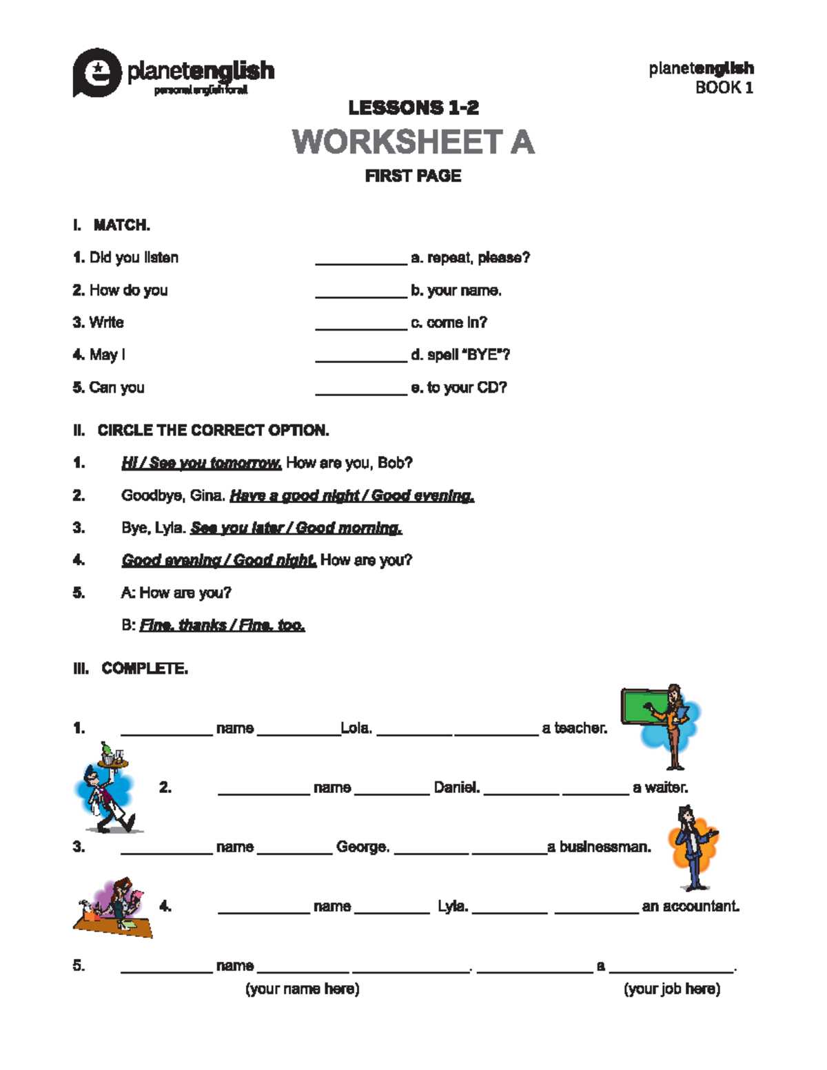 Level 1 English Worksheet A - Ejercicios y Actividades - Studocu