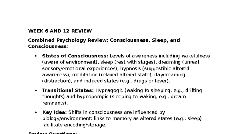Combined Psychology Review: Consciousness, Sleep, and Memory (Weeks 6 ...