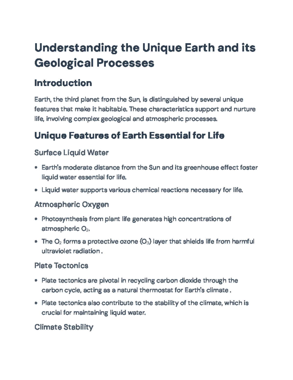 Understanding Earth's Unique Features and Geological Processes (GEOL ...