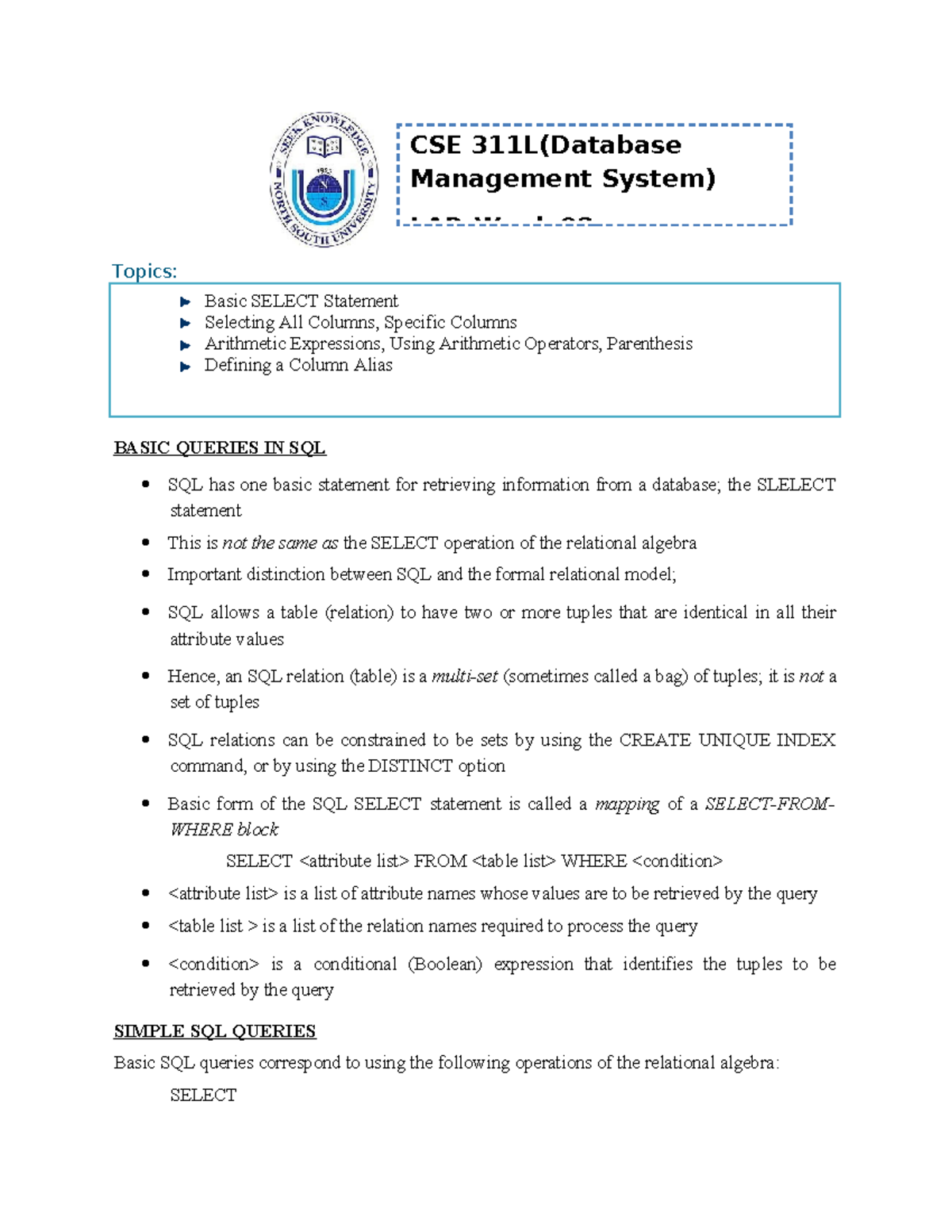 CSE 311L - Week 2: Basic SQL SELECT Statements and Queries - Studocu