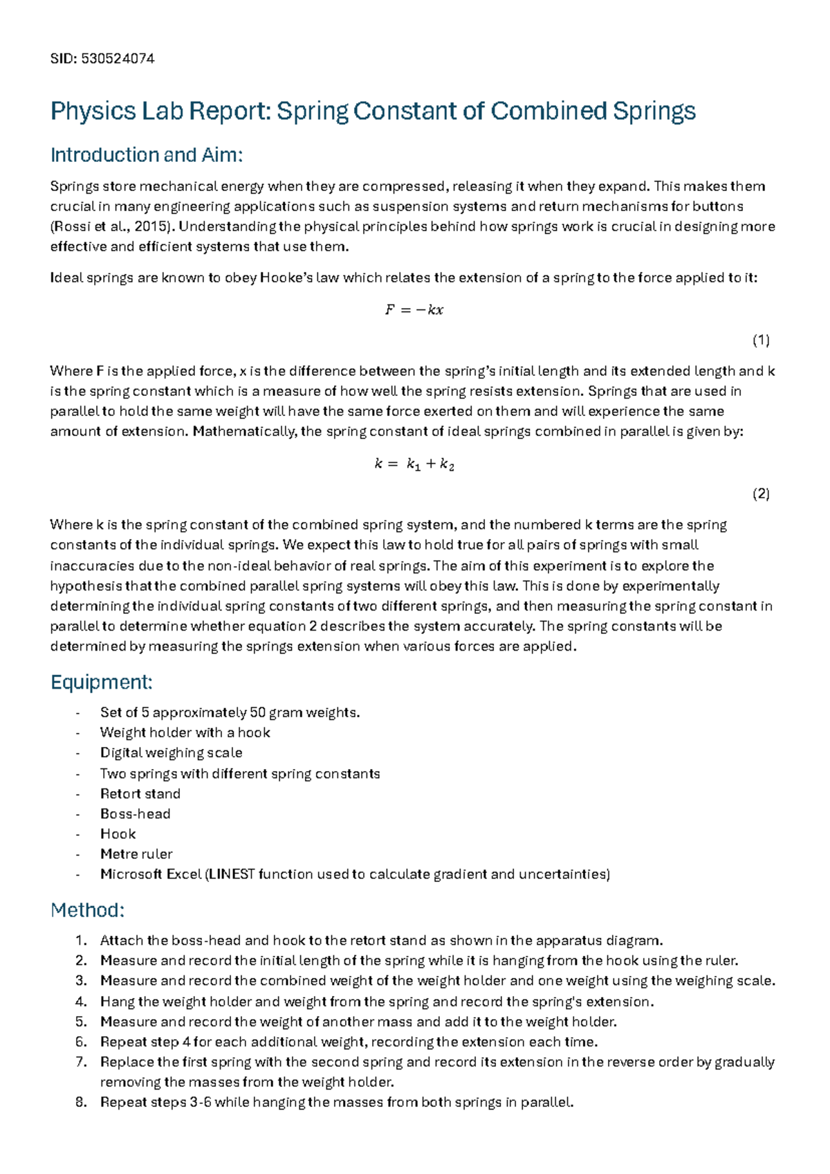 Physics Lab Report: Spring Constant Analysis of Combined Springs - Studocu