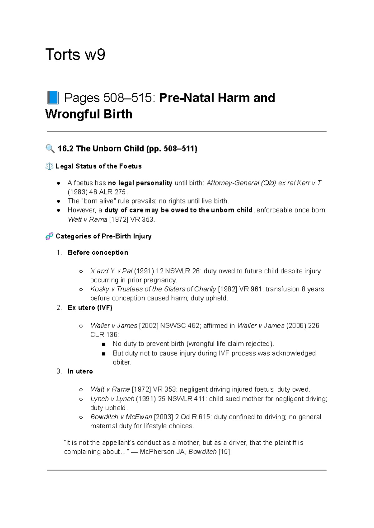 Torts W9: Harm, Wrongful Birth, and Mental Injury Claims Analysis - Studocu