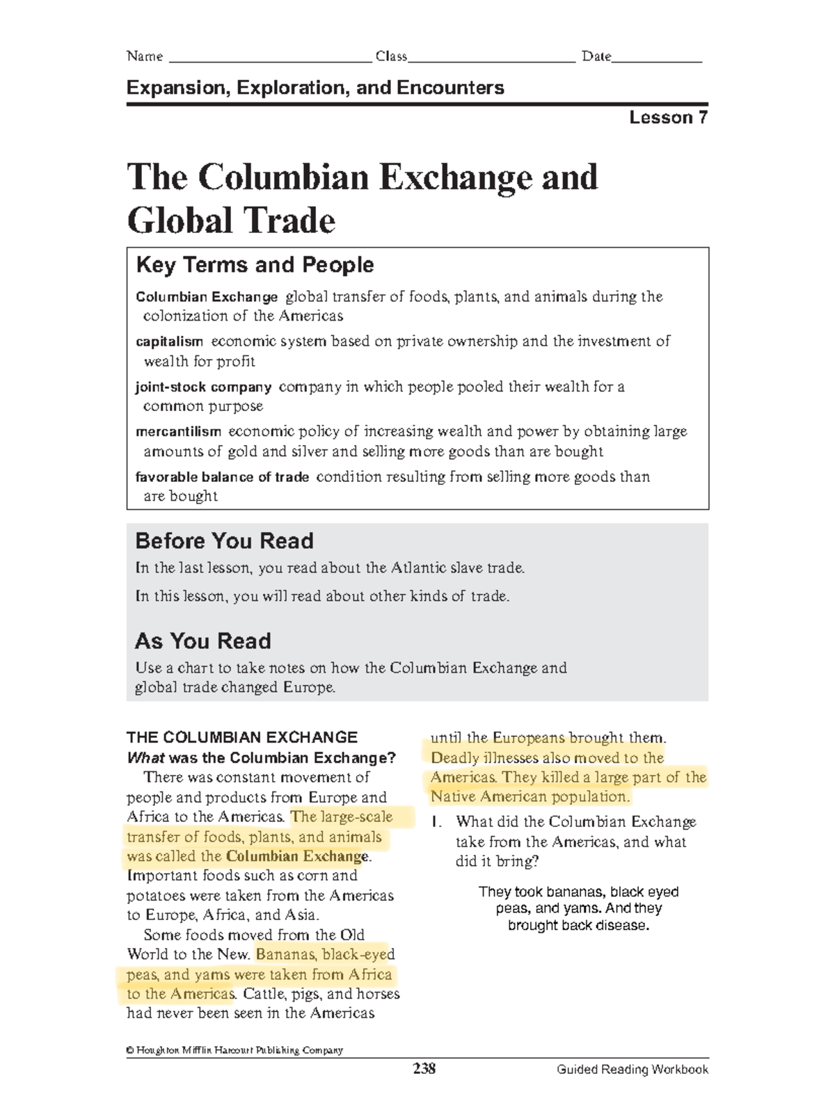 Guided Reading #8: The Columbian Exchange & Global Trade in World ...