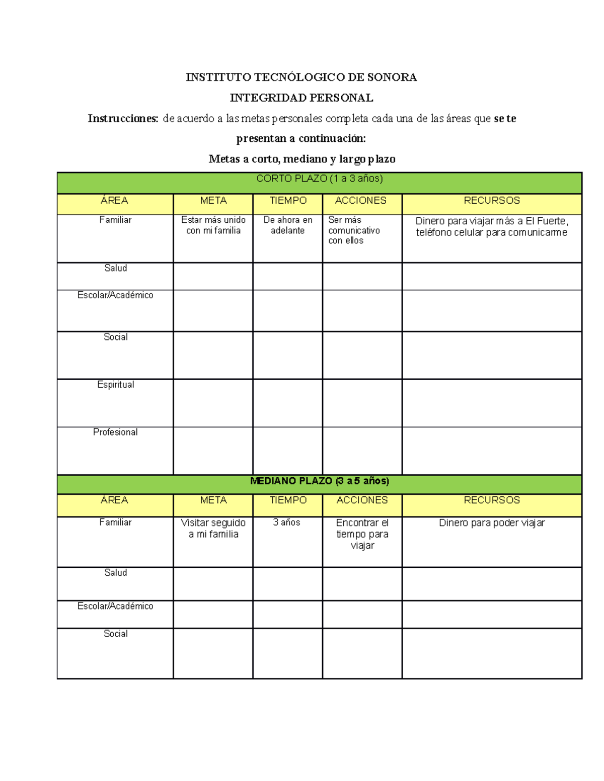 Ejemplos De Plan De Vida A Corto Mediano Y Largo Plazo Lect105 | PDF