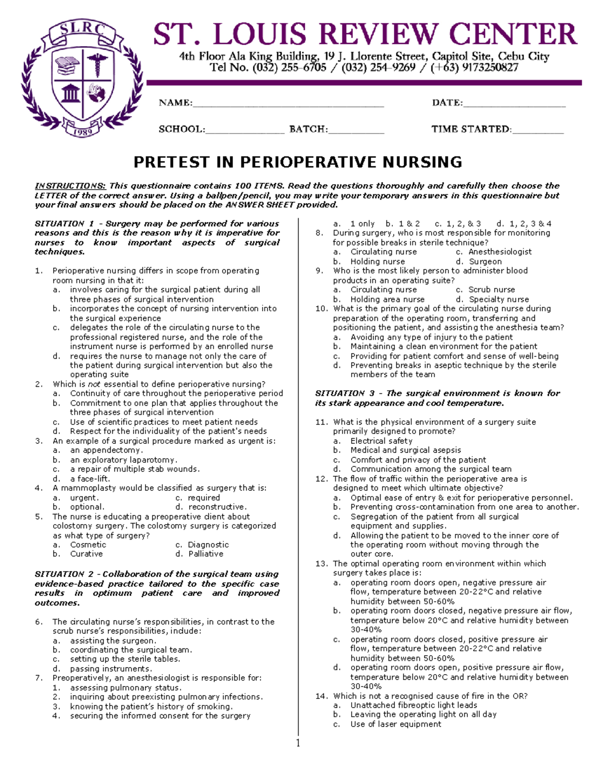 Pre Test: Perioperative Nursing Knowledge Assessment (NOV 2023) - Studocu