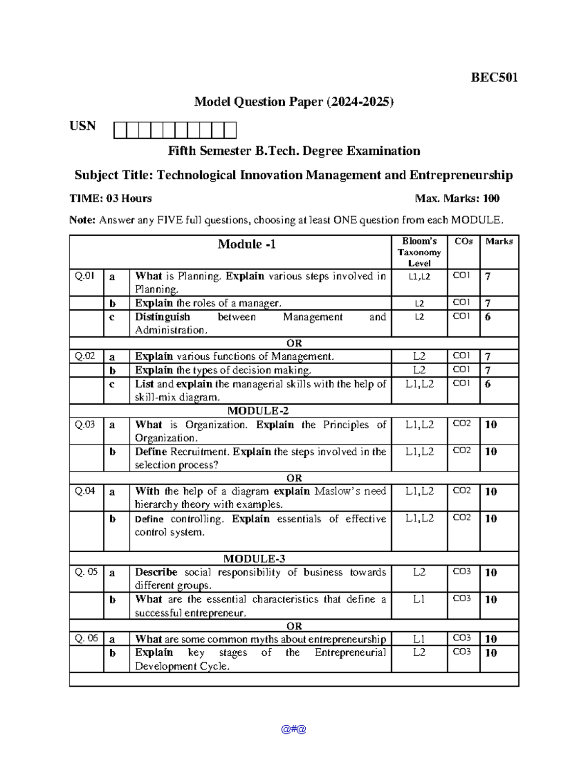 BEC501 - Model Question Paper for Tech Innovation Management - Studocu