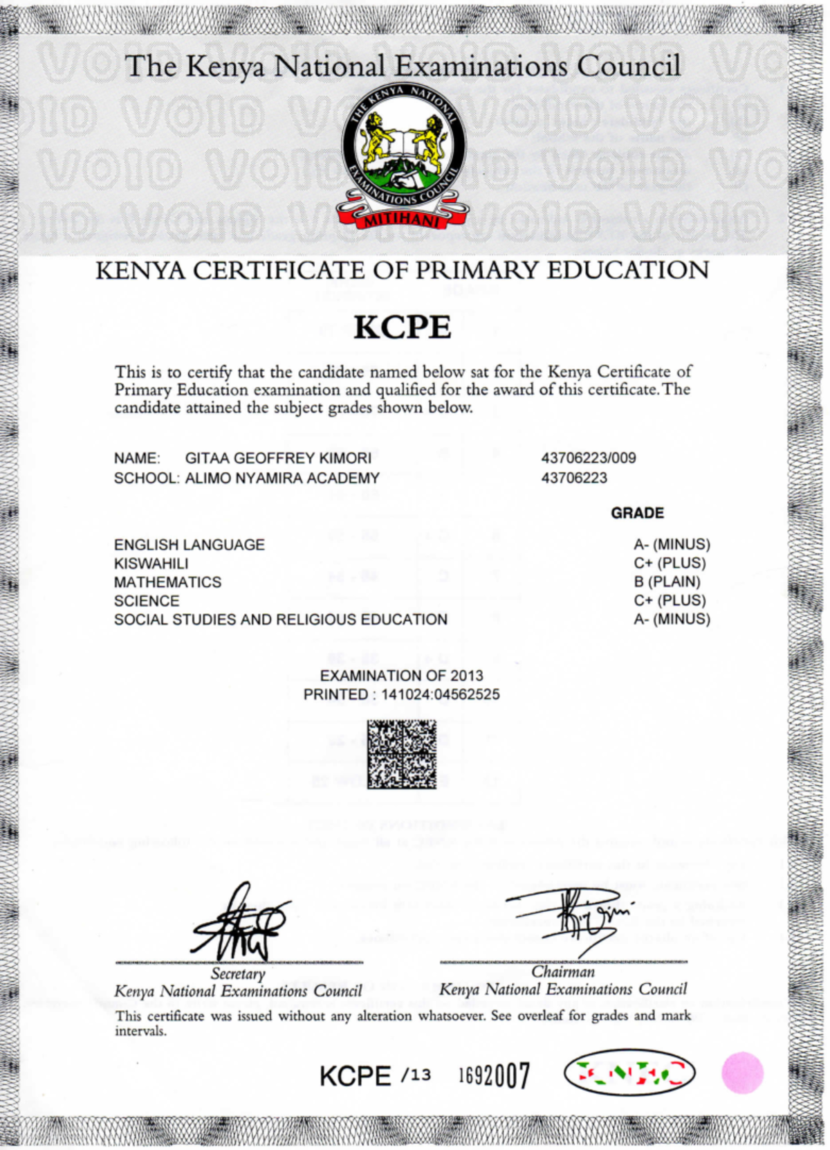KCPE Certificate 310 - Candidate Gitaa Geoffrey Kimori Grades - Studocu