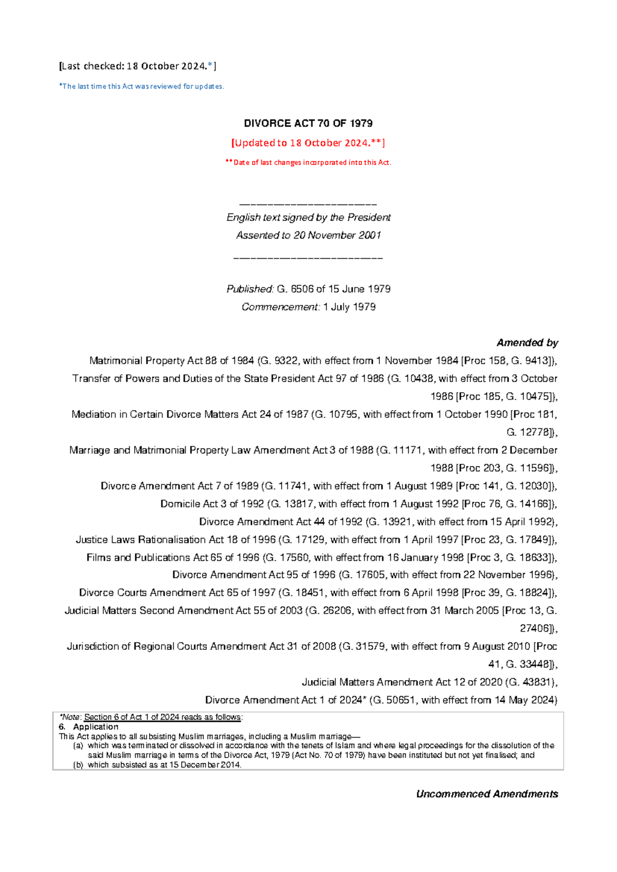 Divorce Act 70 of 1979: Comprehensive Overview and Amendments - Studocu