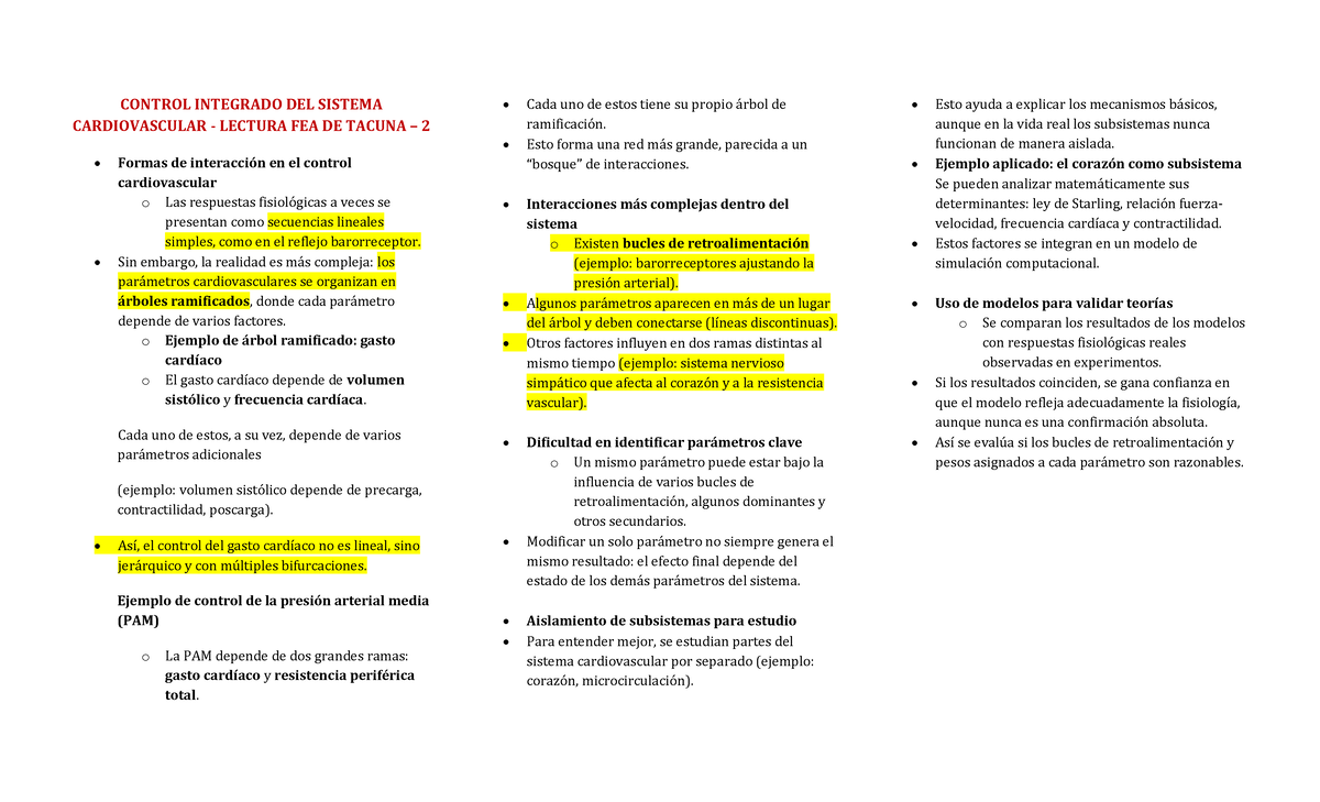 CONTROL INTEGRADO DEL SISTEMA CARDIOVASCULAR: LECTURA DE TACUNA 2 - Studocu