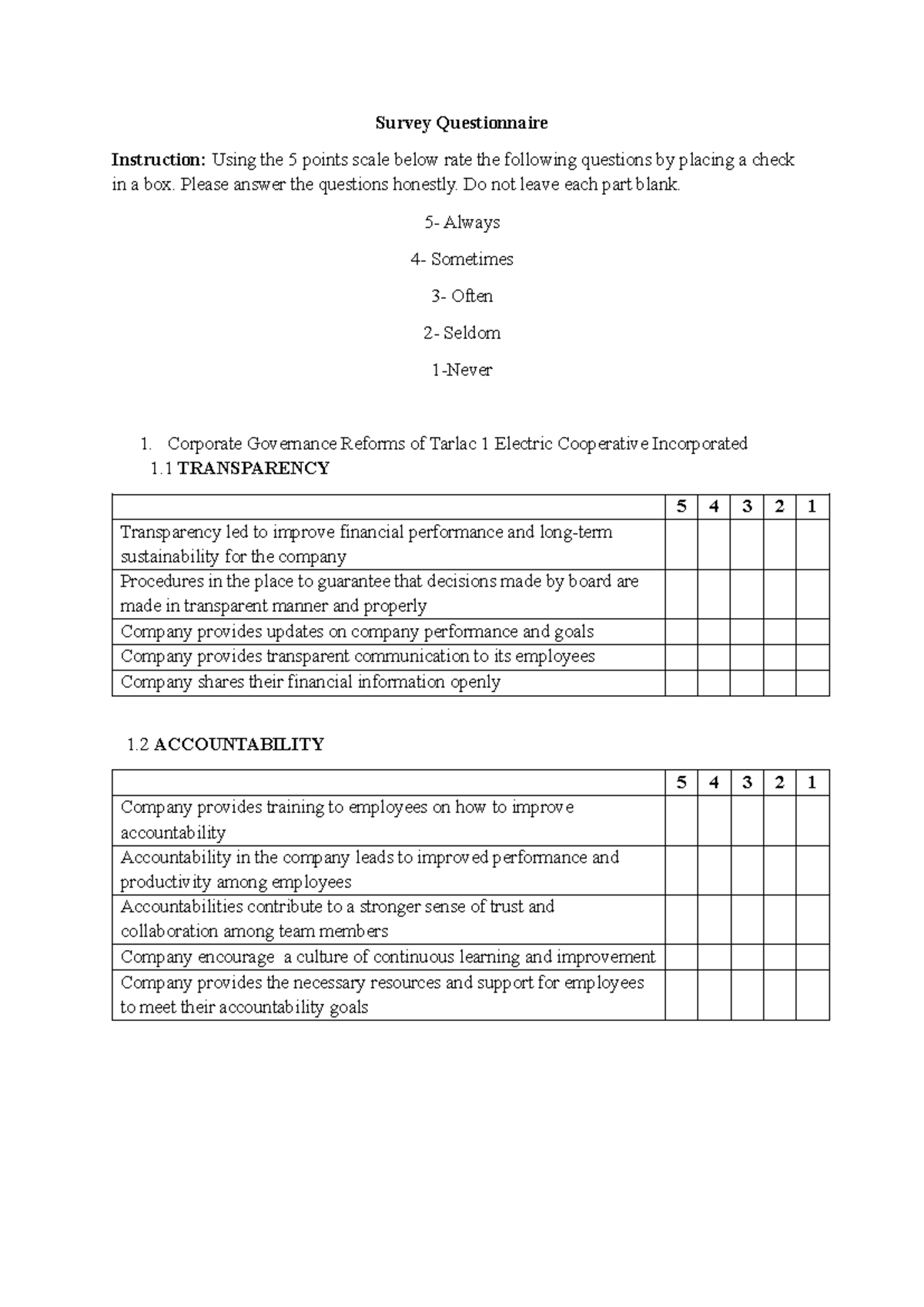 Corporate Governance Survey Questionnaire: Tarlac 1 Electric Coop - Studocu