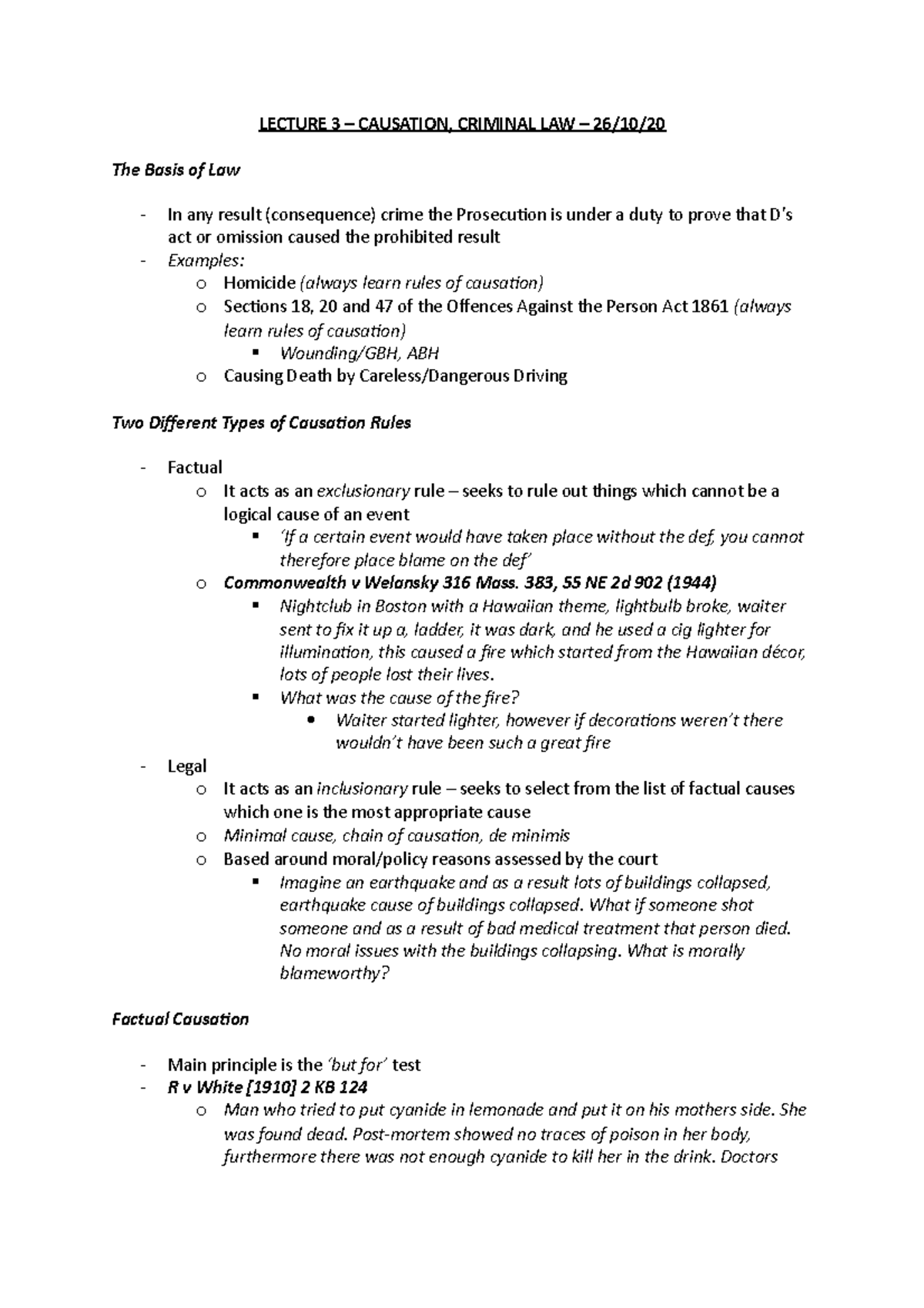 Causation in Criminal Law - Lecture 3 Notes 26/10/ - Studocu