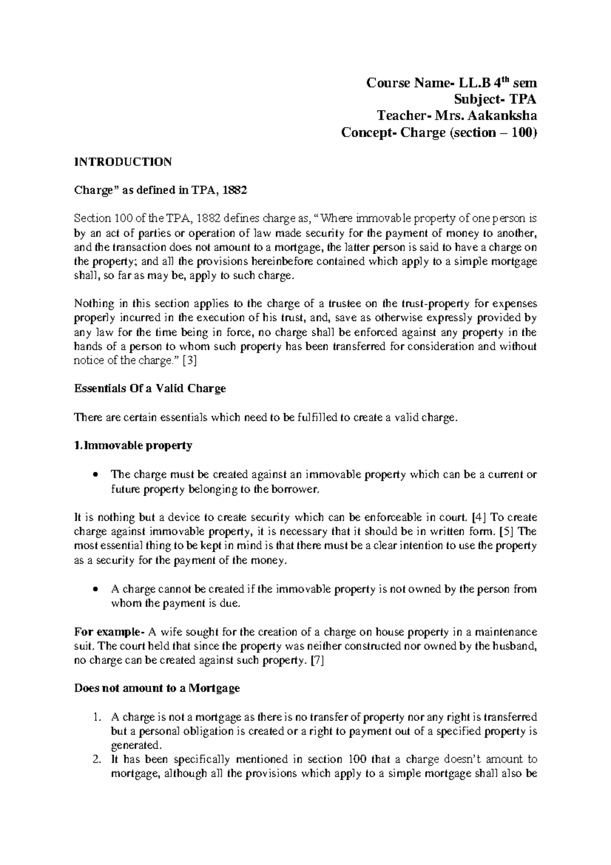 TPA Lecture Notes: Understanding the Charge under Section 100 - Studocu