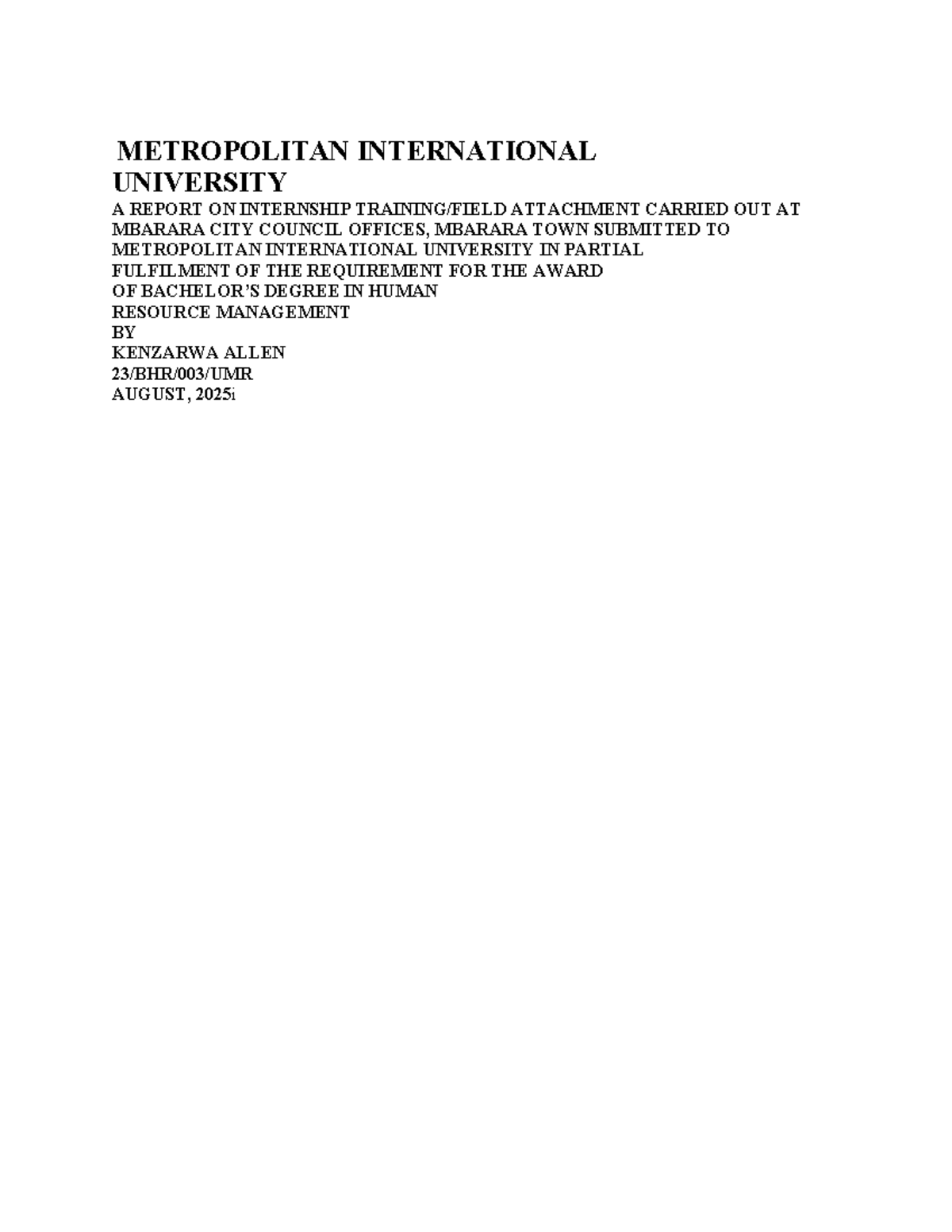 METROPOLITAN INTERNATIONAL UNIVERSITY: INTERNSHIP REPORT HRM 2025 - Studocu