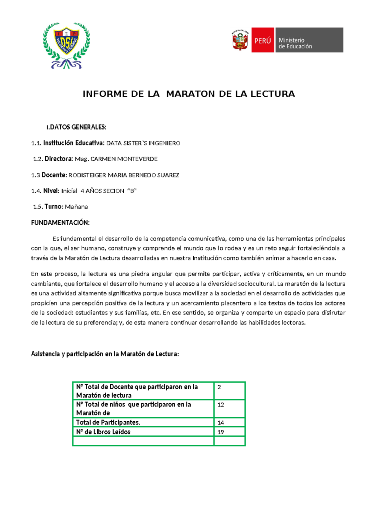 Informe de la Maratón de Lectura - Educación Inicial - Nivel 4 Años - Studocu