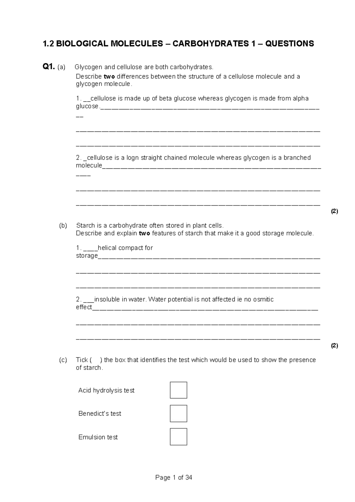 Biological Molecules: Carbohydrates - Key Questions and Concepts - Studocu