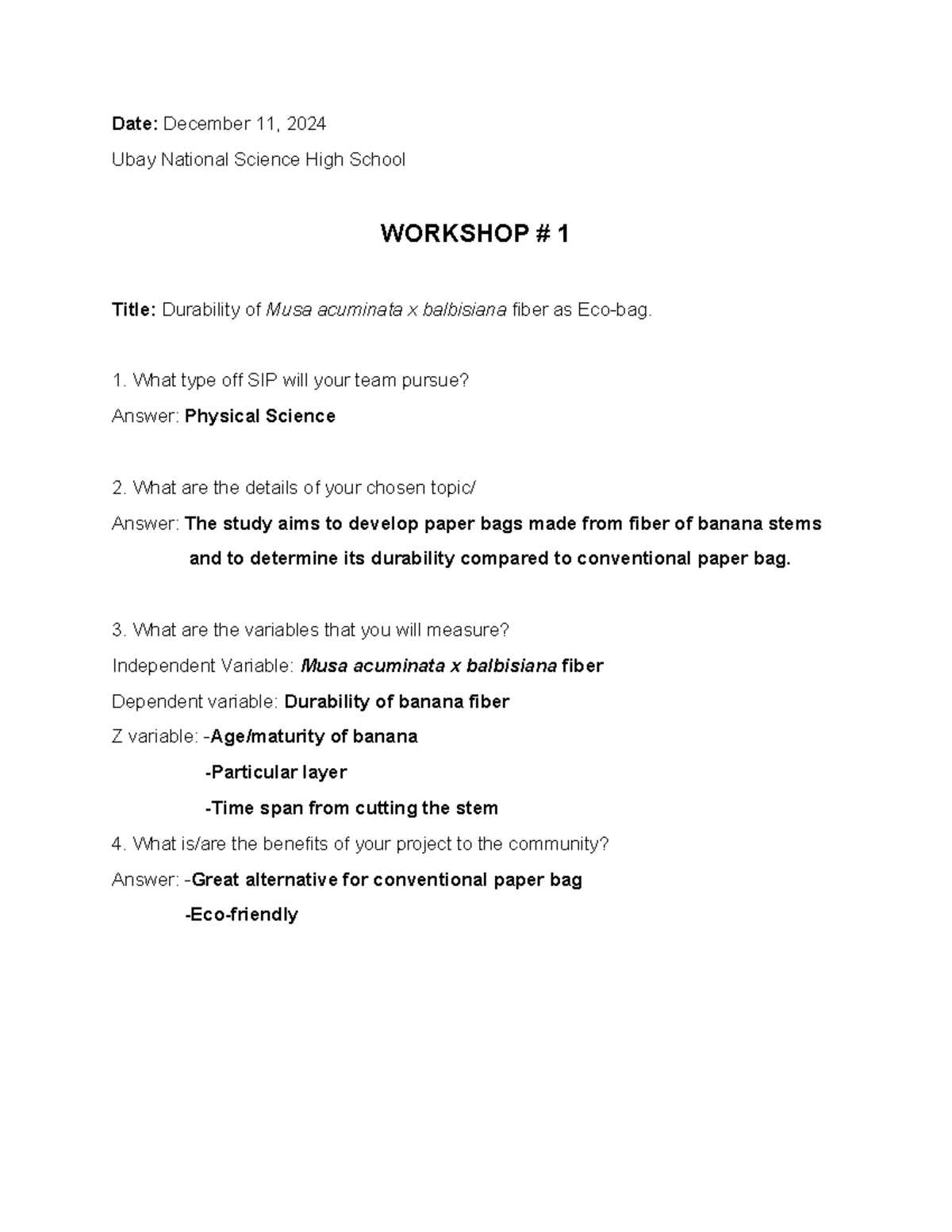 Workshop 1 - Science Investigatory Project sample report - Date ...