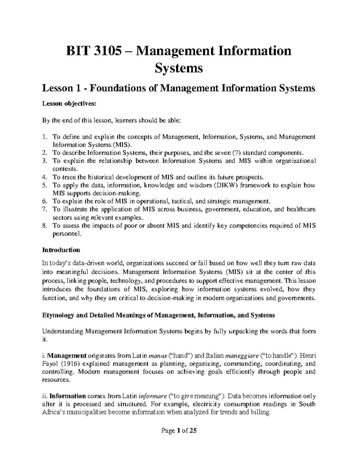 BIT 3105 Management Information Systems Lesson 1: Foundations and ...