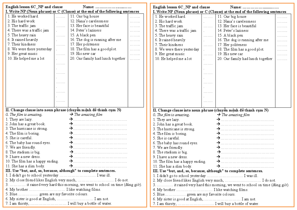 6C - Noun Phrase and Clause Exercises (Lesson 1) - Studocu