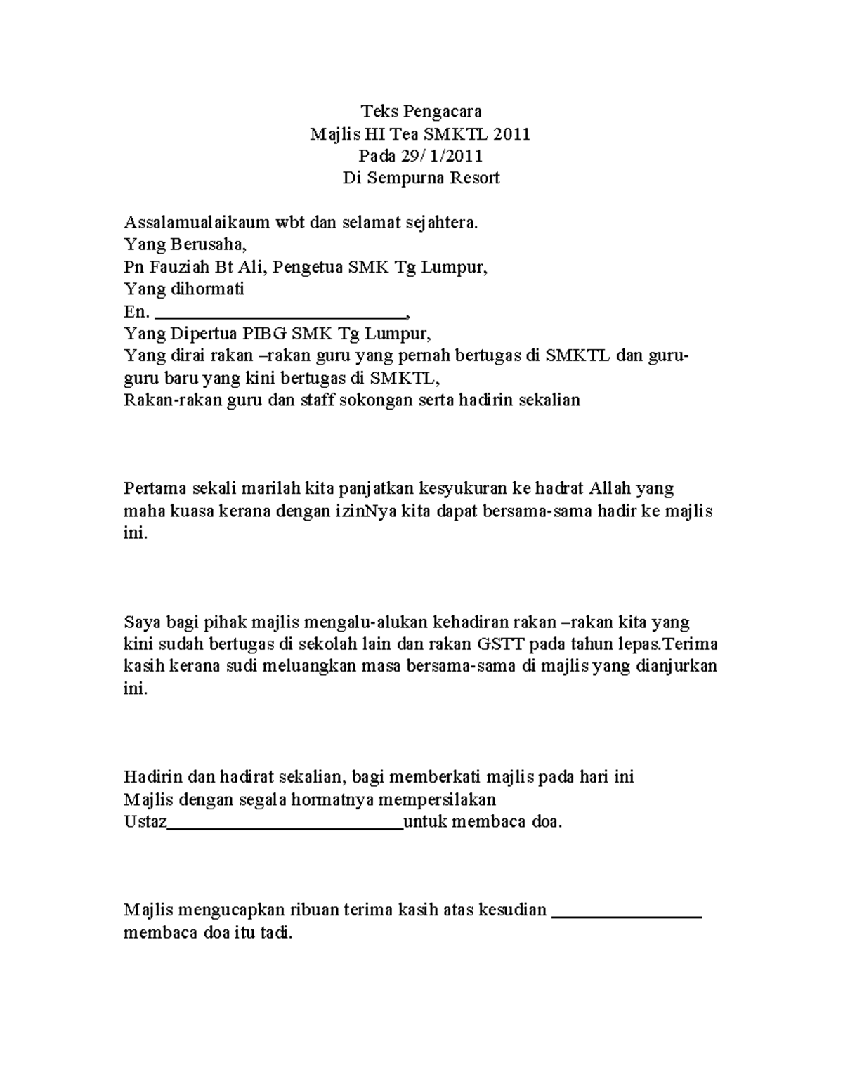 Teks Pengacara Majlis Hi Tea SMKTL 2011: Ucapan & Acara Utama - Studocu