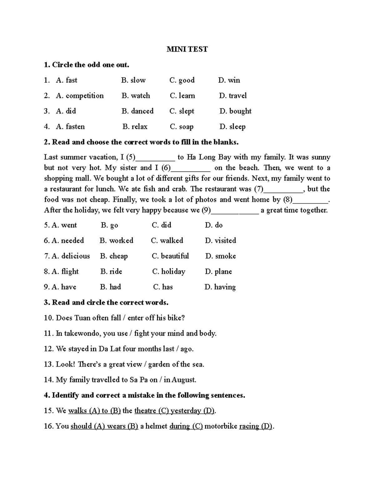 MINI TEST 1: Odd One Out & Fill in the Blanks - Studocu