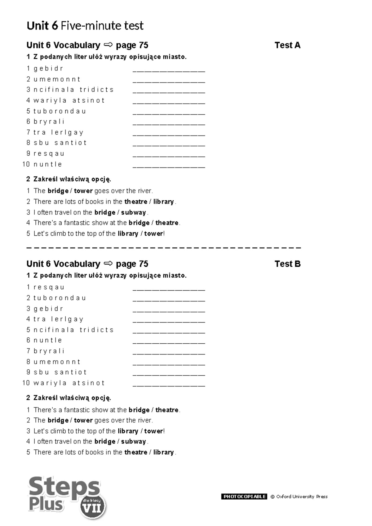 Unit 8 Steps Plus VII 5-Min Test: Vocabulary & Grammar Tests - Studocu