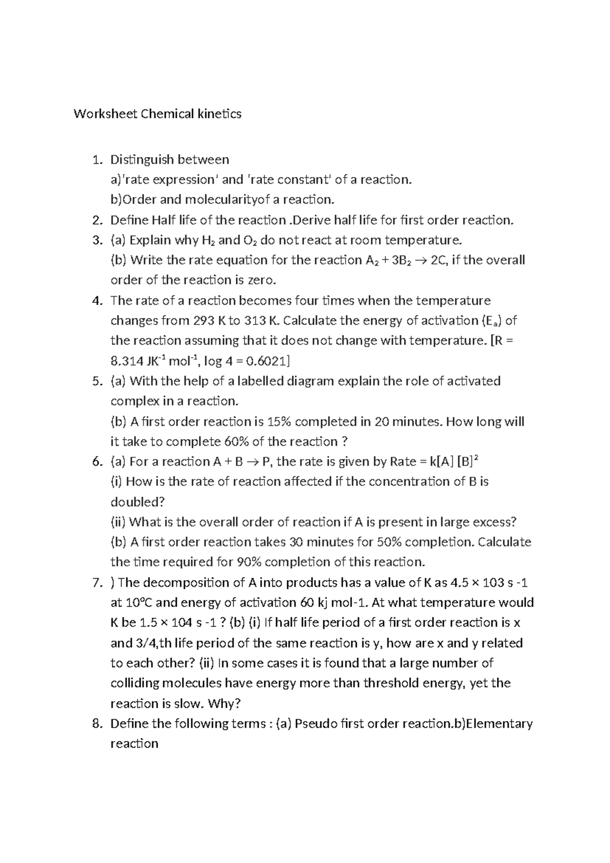 Worksheet: Chemical Kinetics - Key Concepts & Calculations - Studocu