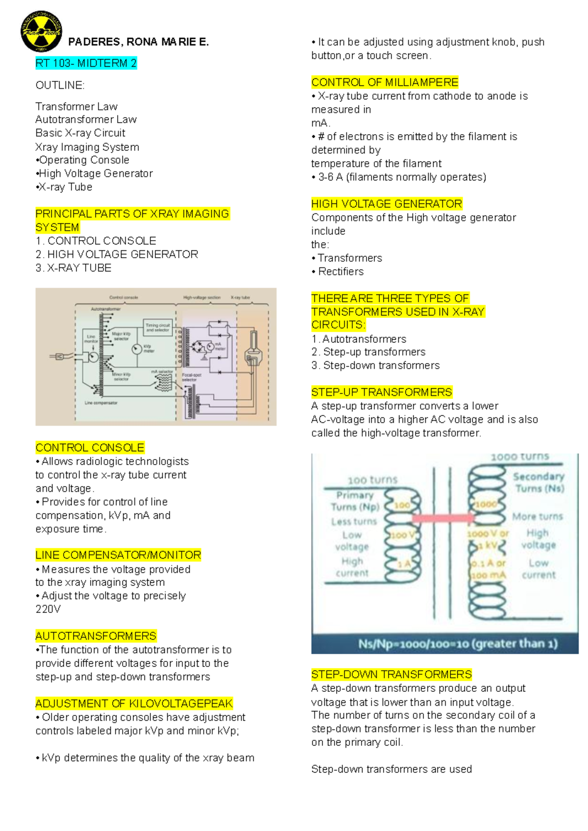 RT 103 Midterm 2 Reviewer - PADERES, RONA MARIE E. RT 103- MIDTERM 2 ...