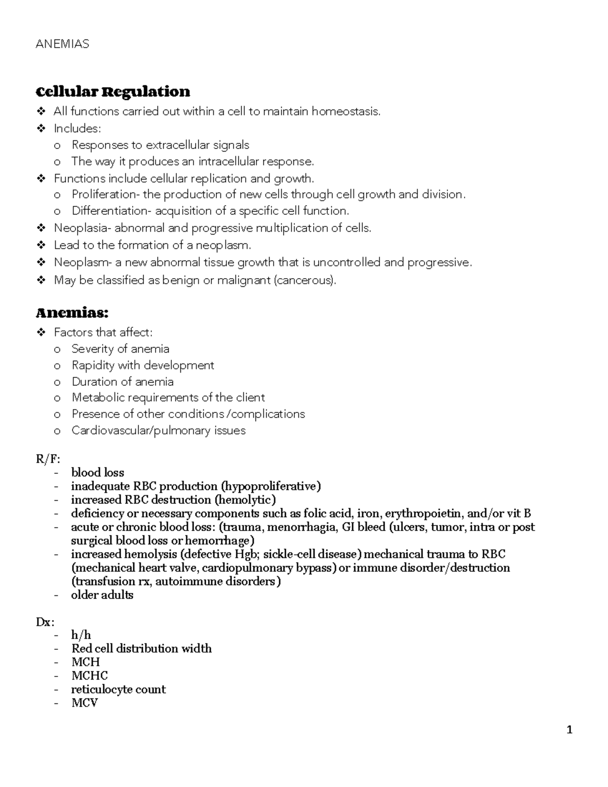 Anemias - Cellular Regulation and Management Notes (NUR 101) - Studocu