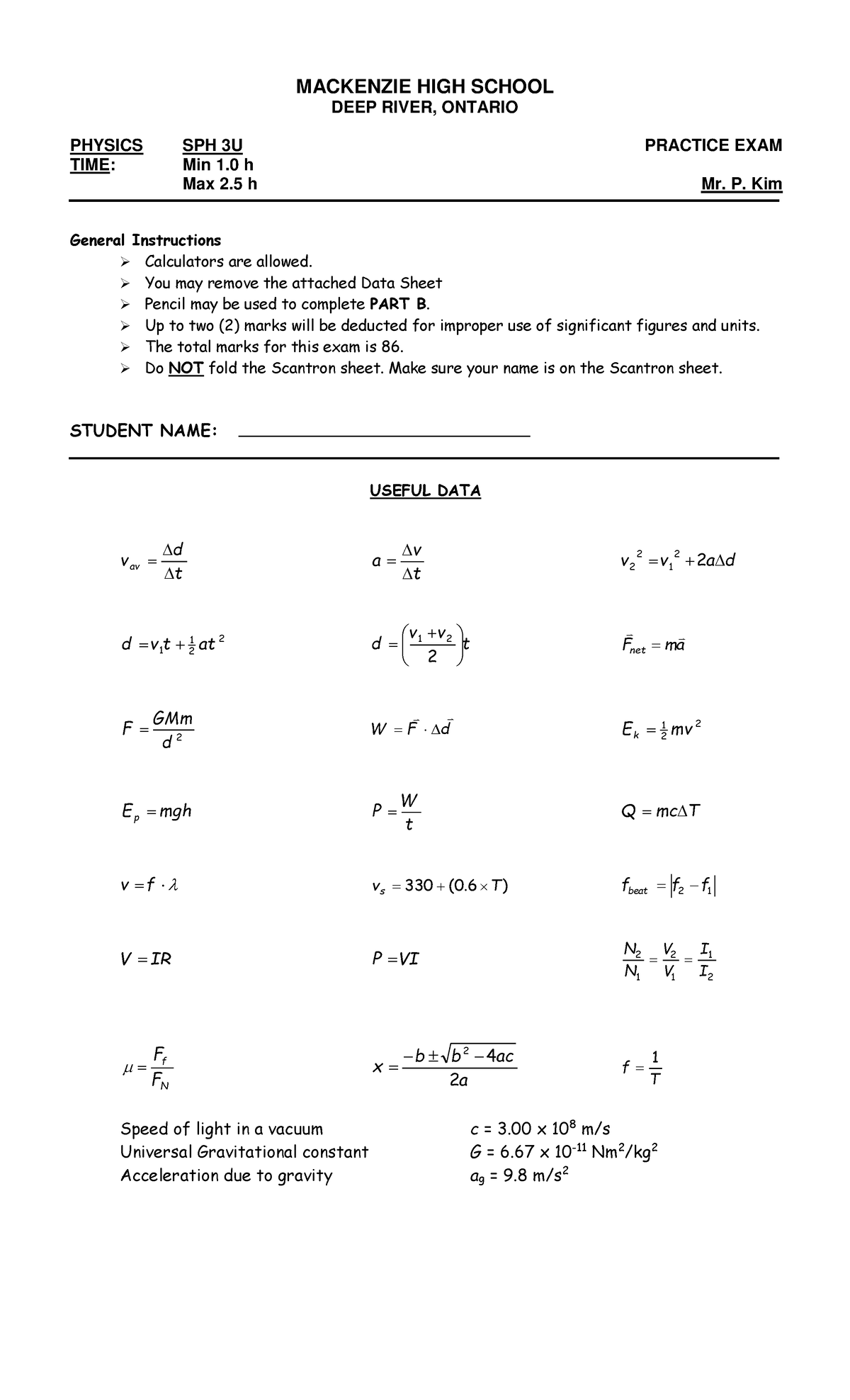 SPH3U Physics Practice Exam 2 - Study Guide and Concepts - Studocu