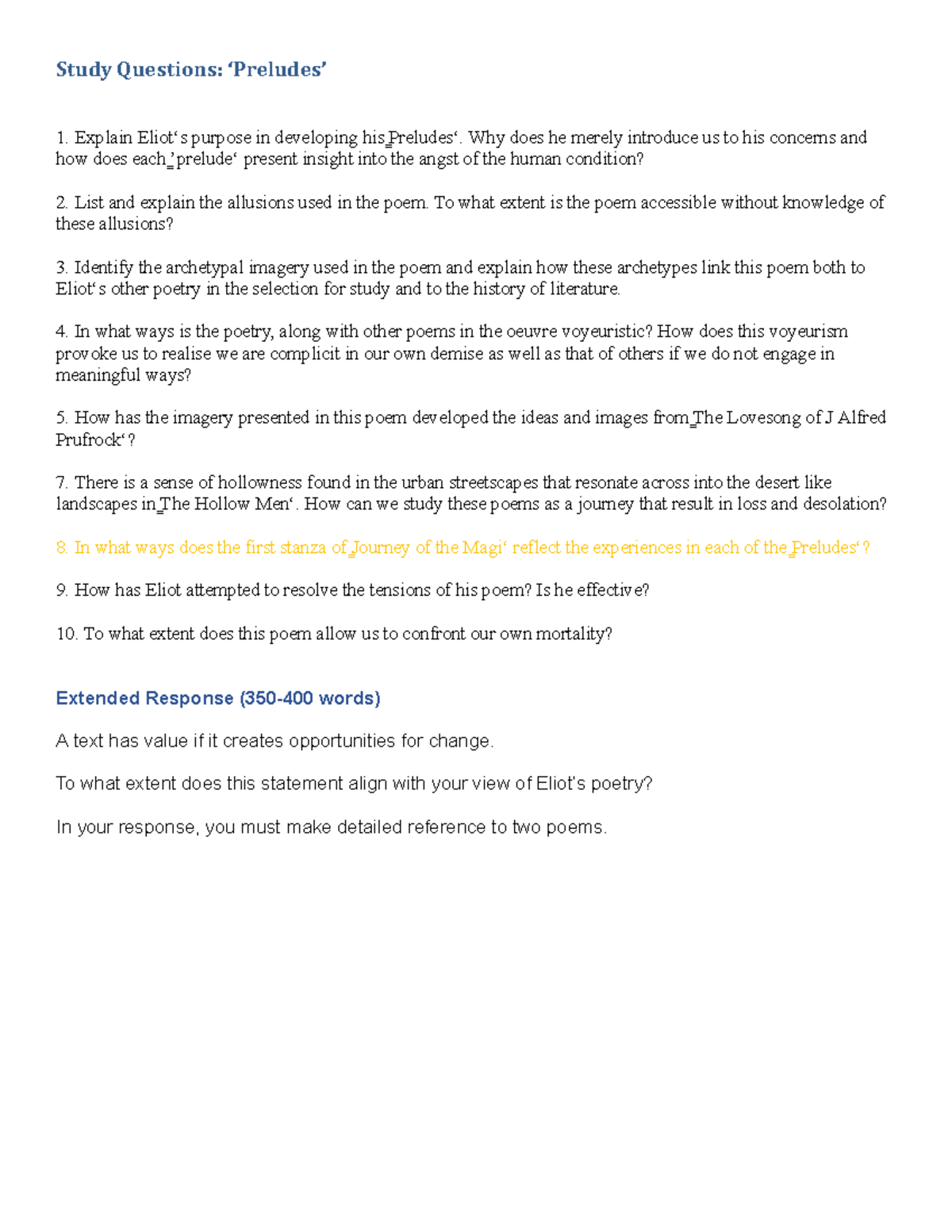 Lecture Notes: 'Preludes' Analysis and Study Questions (ENG 101) - Studocu