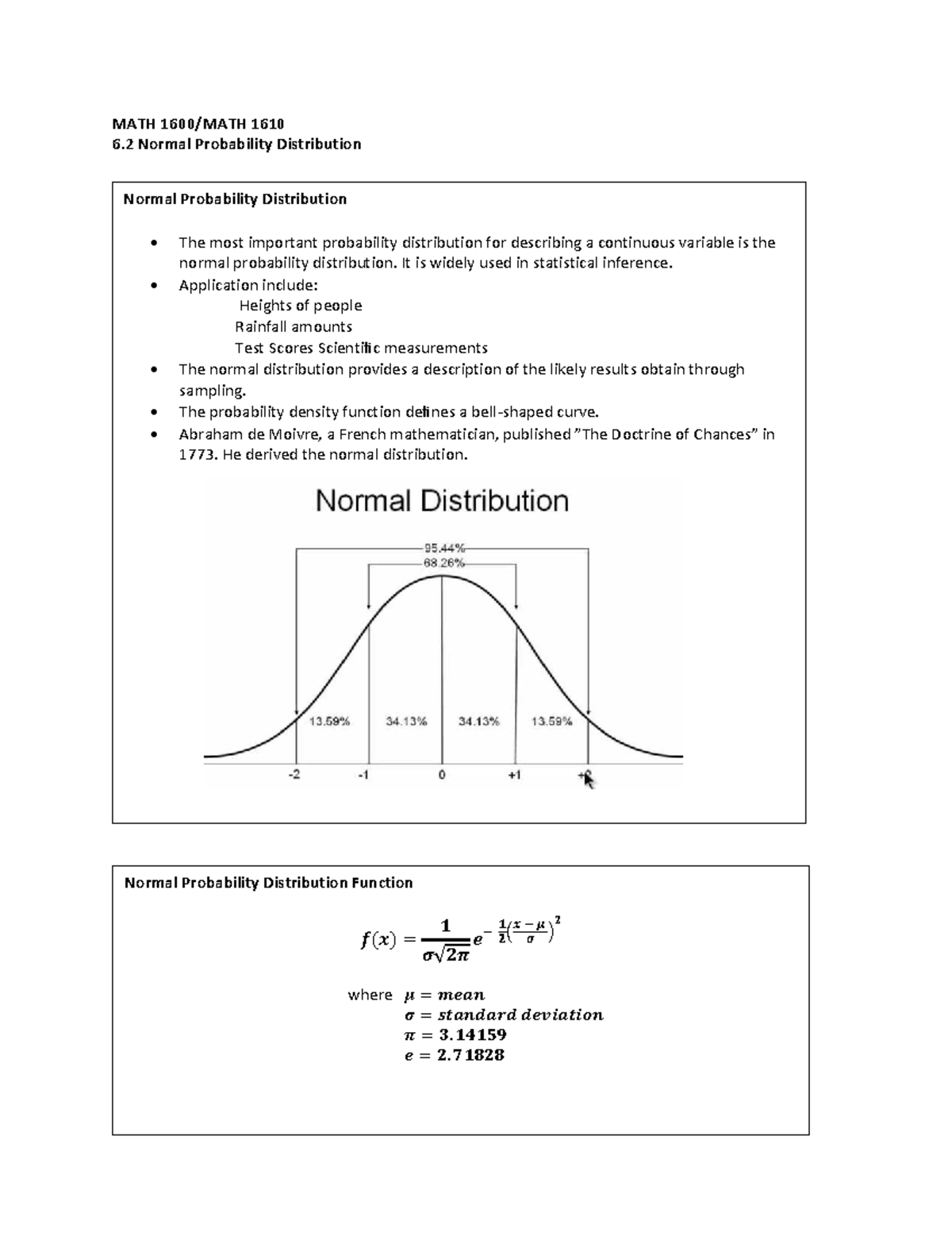 MATH 1610 6.2 Notes & WS on Normal Probability Distribution - Studocu