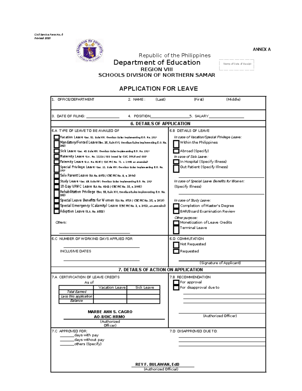 DepEd Leave Form - Civil Service Form No. 6 Revised 2020 ANNEX A ...