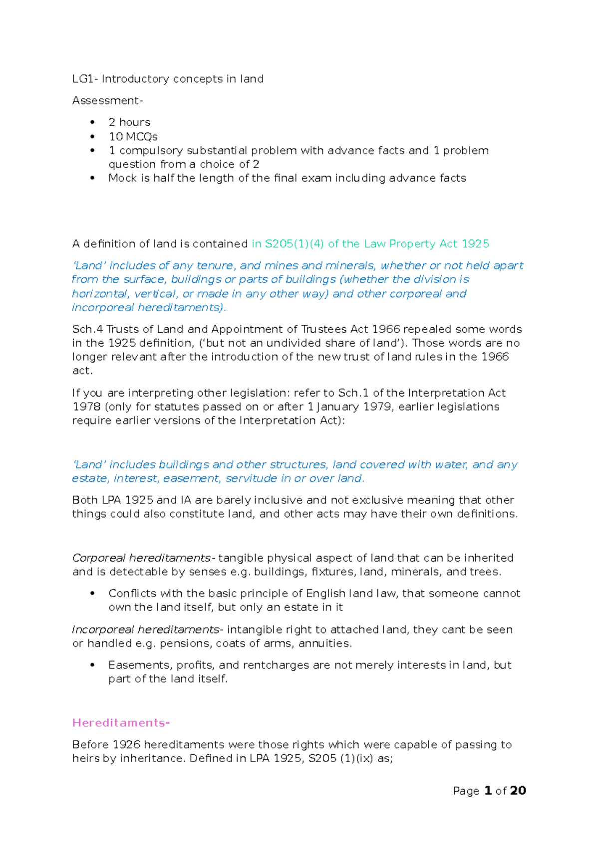 Land Law - Basic Concepts and Key Principles Overview (LG1) - Studocu