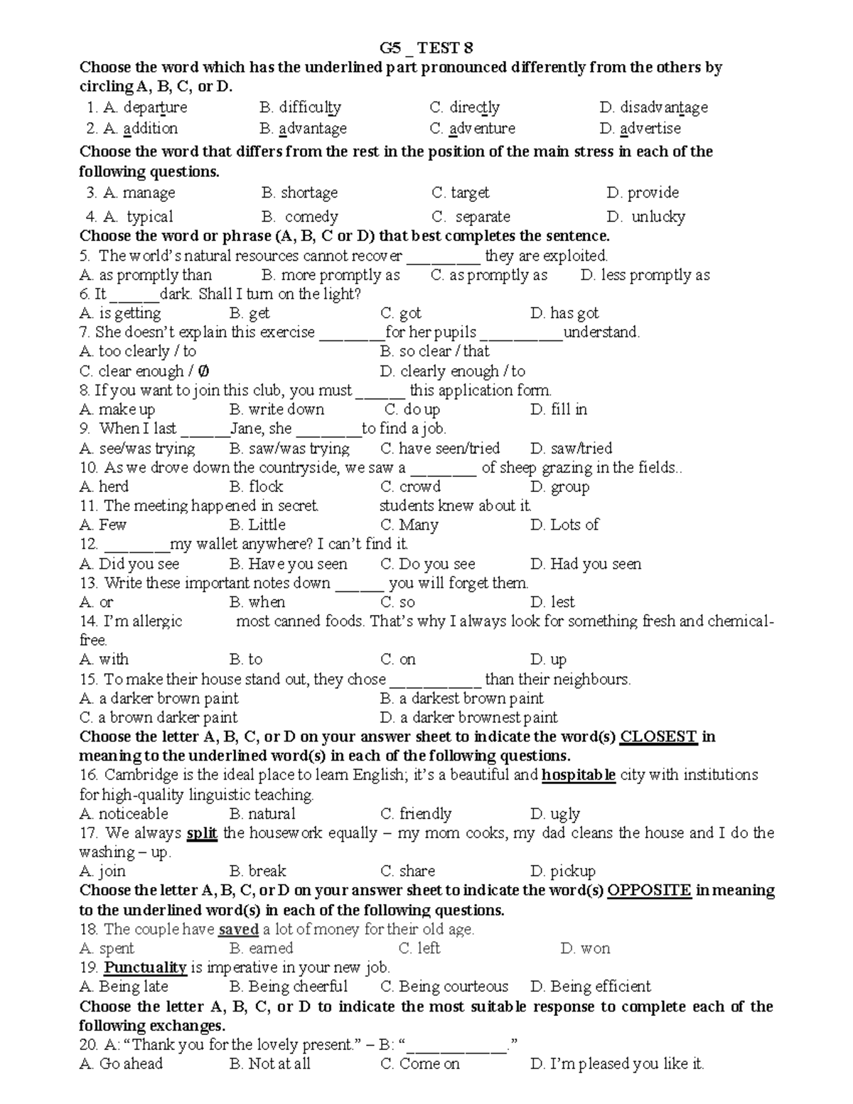G5 - TEST 8 - Pronunciation and Stress Practice Questions - Studocu