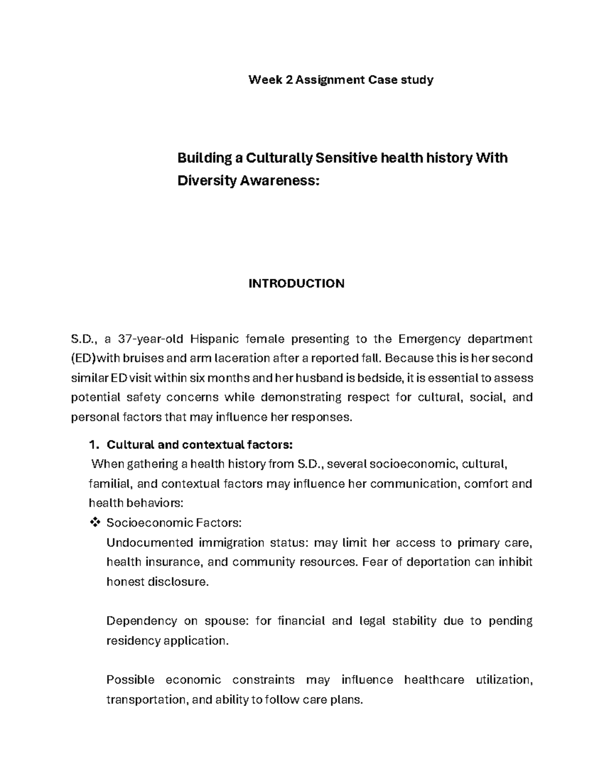WK 9 Case Study: Culturally Sensitive Health History for S.D. - Studocu