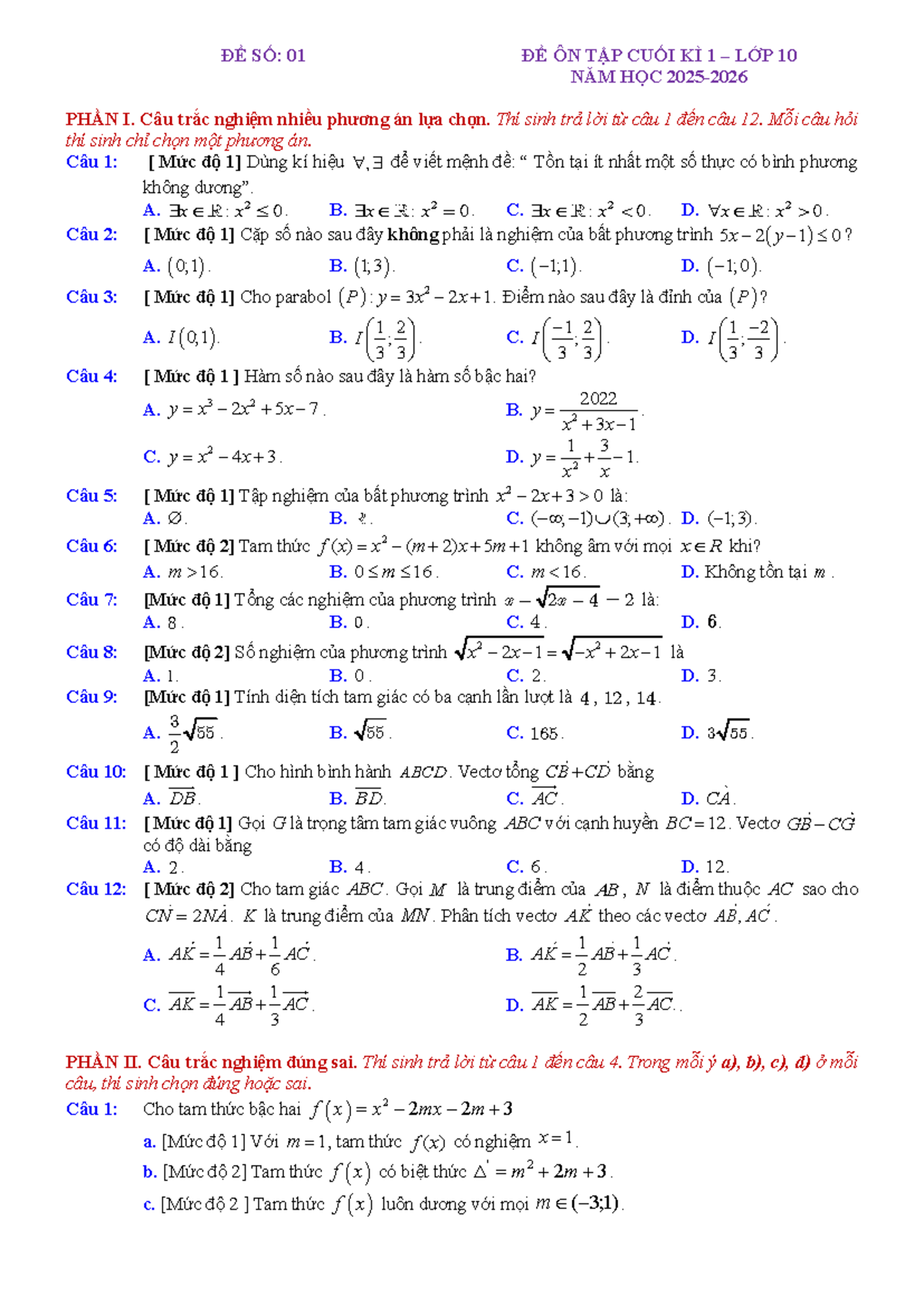ĐỀ CD-KNTT-01 - ÔN TẬP CUỐI KÌ 1 LỚP 10 NĂM HỌC 2022 - Studocu