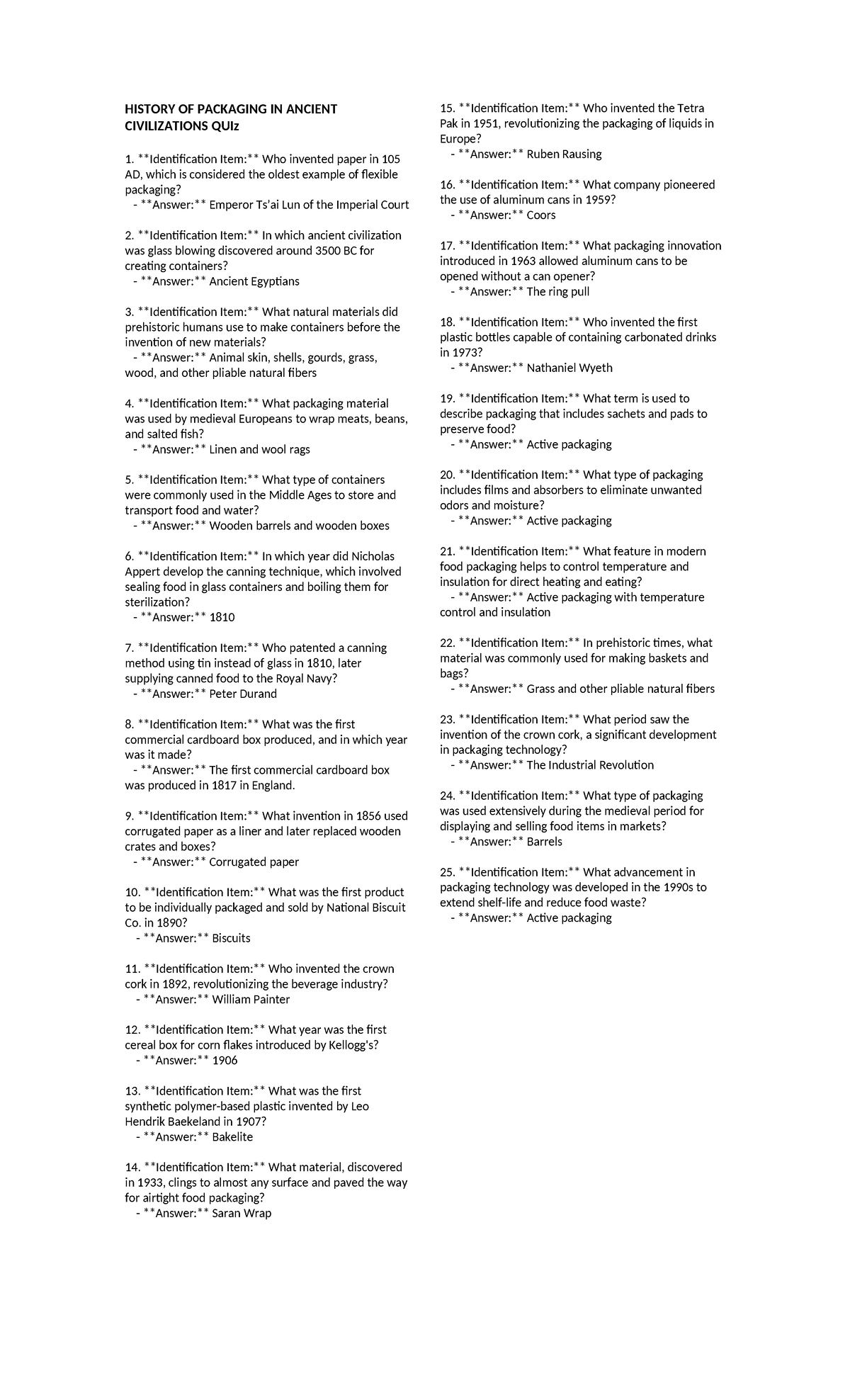History OF Packaging IN Ancient Civilizations QUIz - HISTORY OF ...