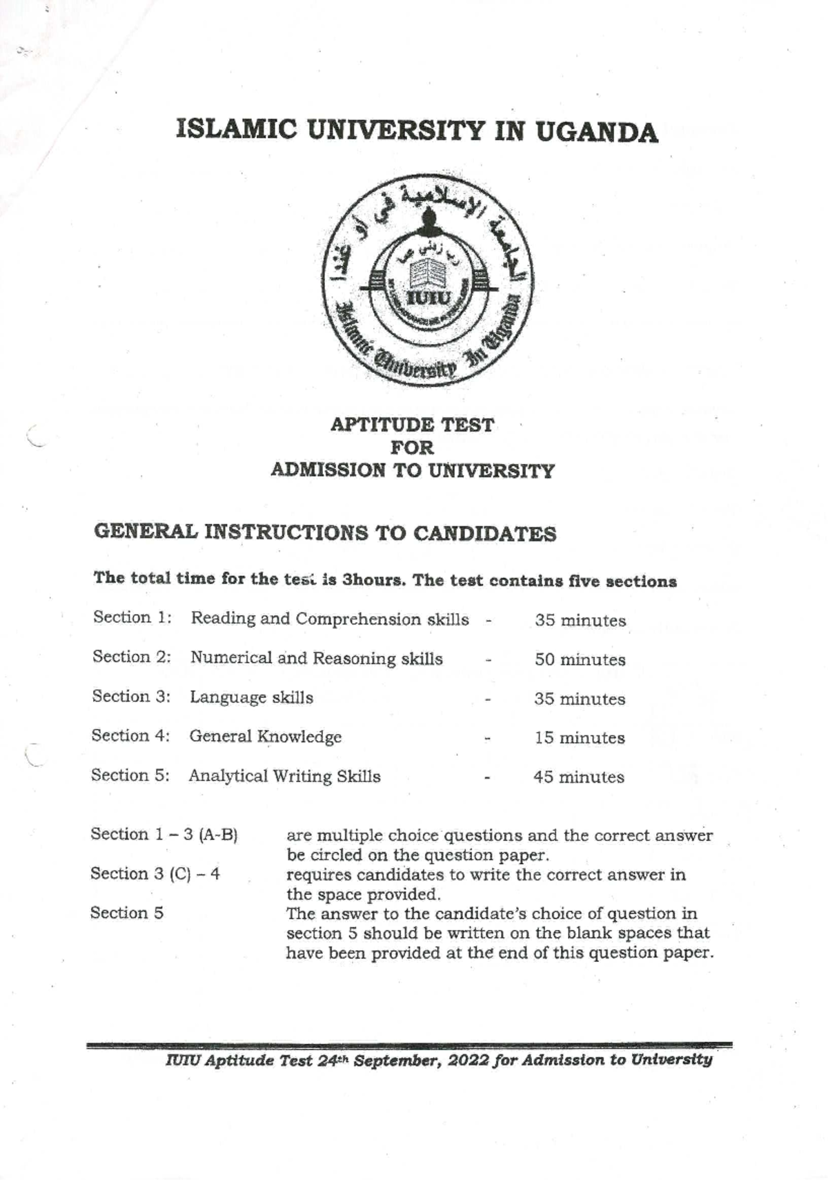 IUIU 040: Aptitude Test for Admission - September 24, 2022 - Studocu